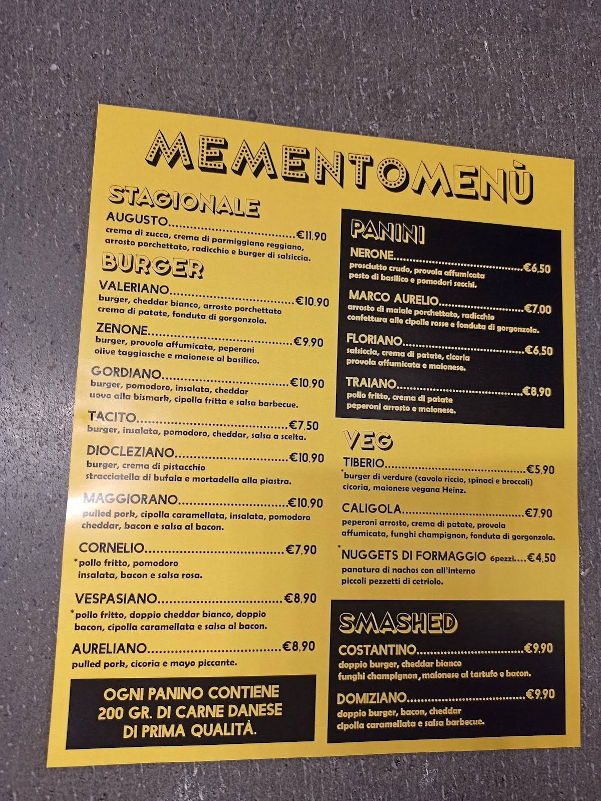 Menu da Memento Burger ristorante, Roma, Via di Torrevecchia