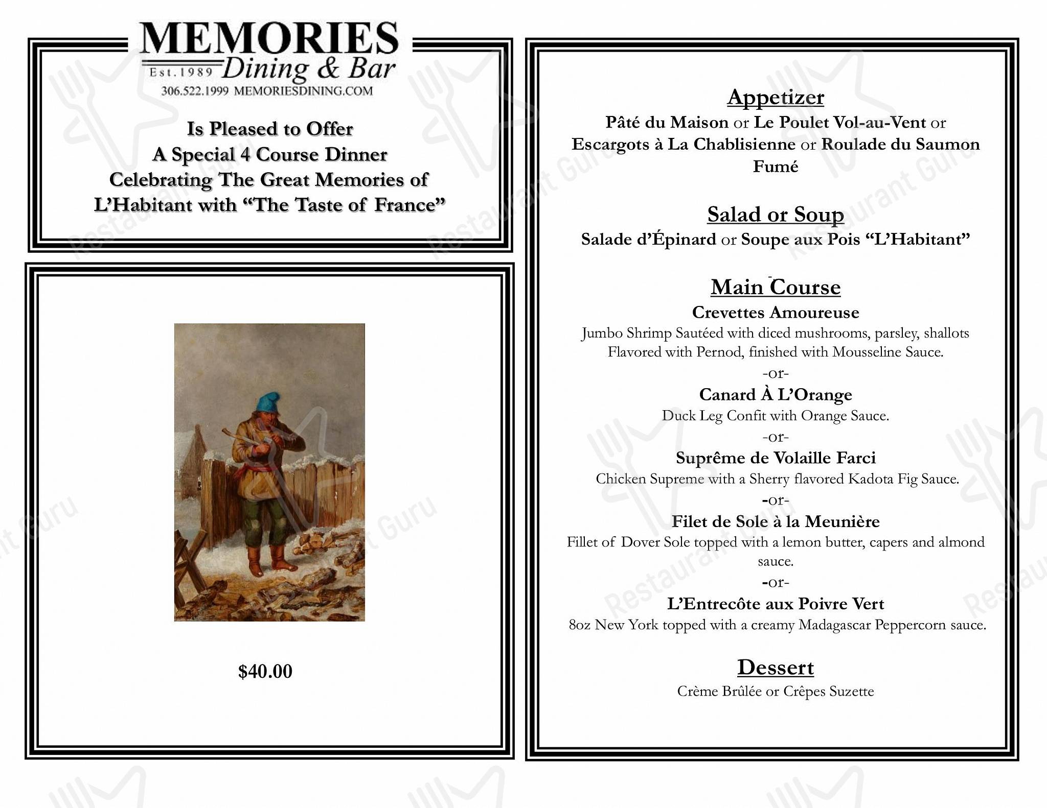 Menu at Memories Dining & Bar, Regina