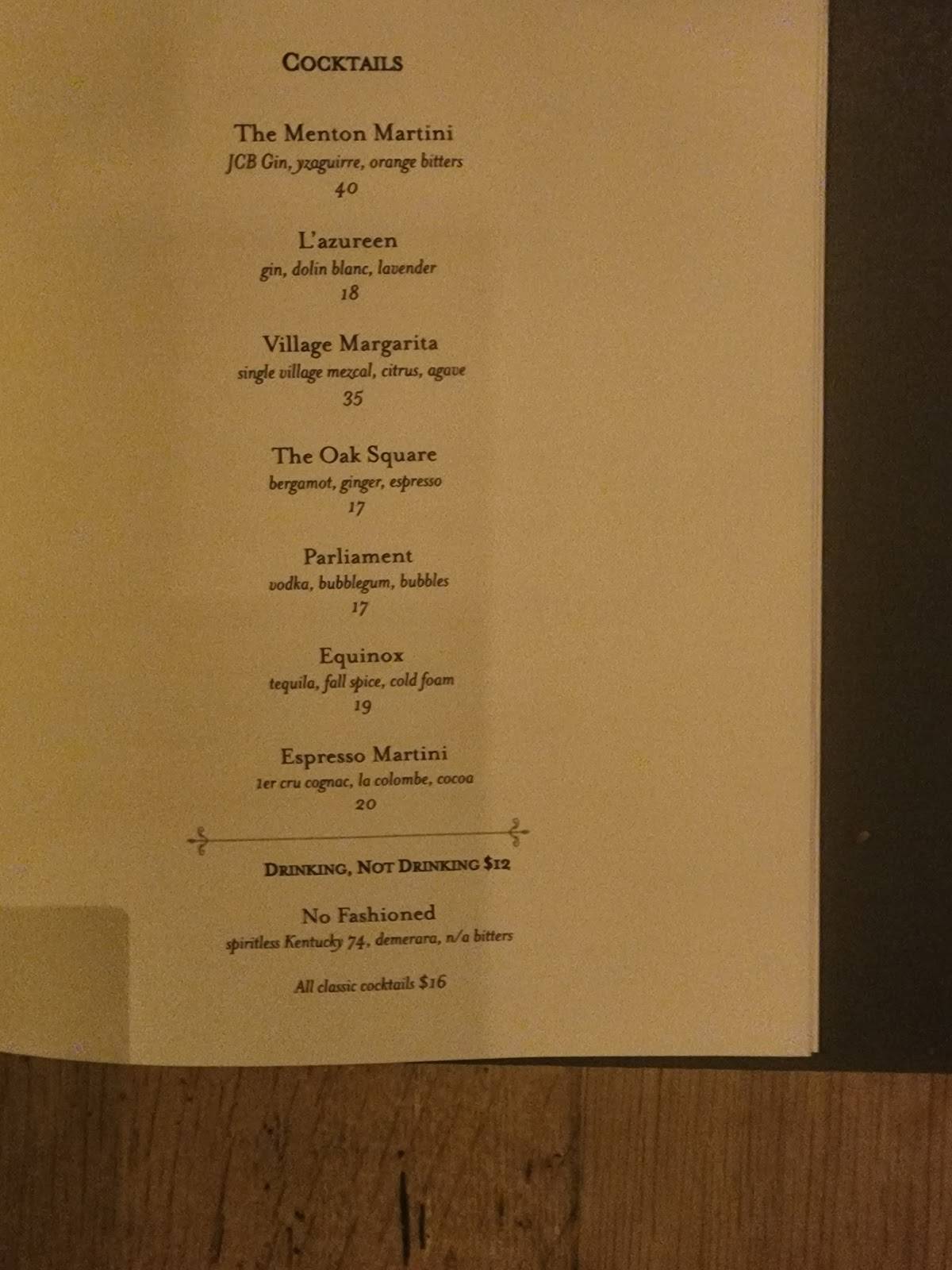 Menu at Menton pub & bar, Boston