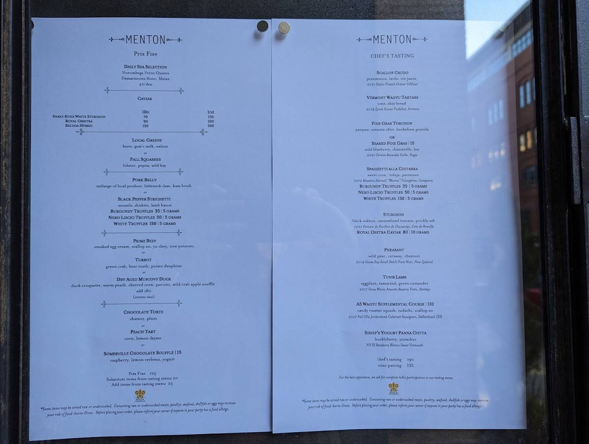 Menu at Menton pub & bar, Boston