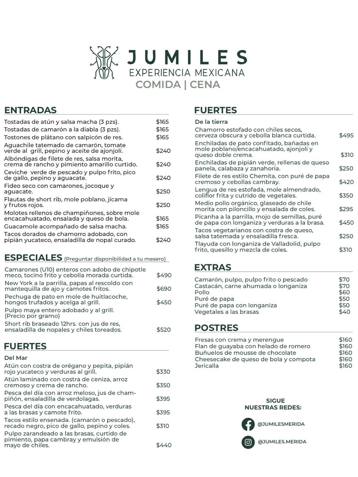 Carta del restaurante Jumiles, Merida