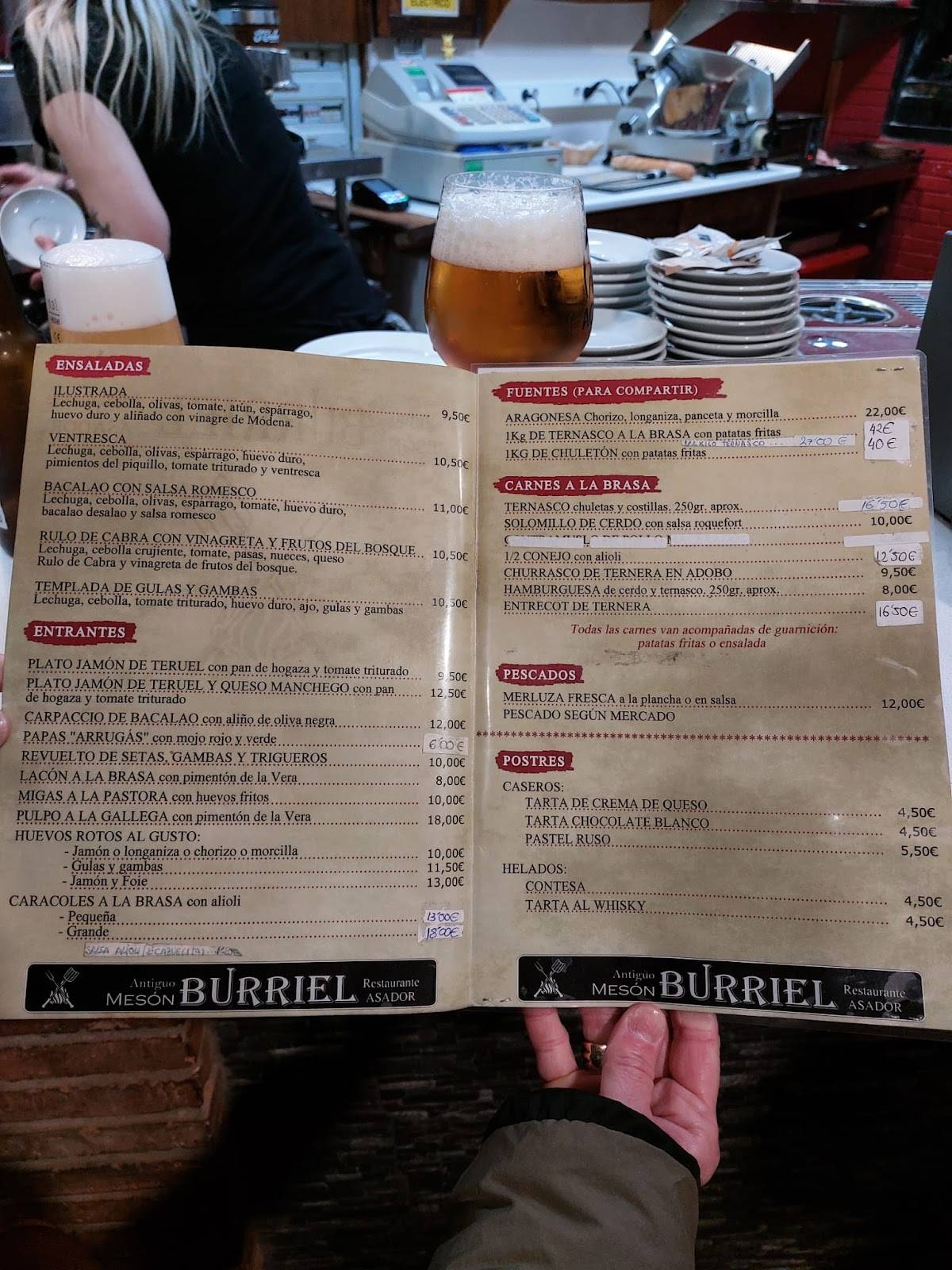 Carta del pub y bar Mesón Burriel, Zaragoza