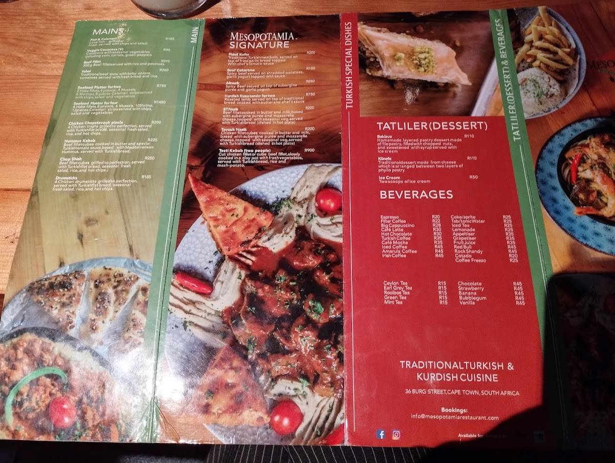 Menu at Mesopotamia Restaurant, Cape Town, 36 Burg St