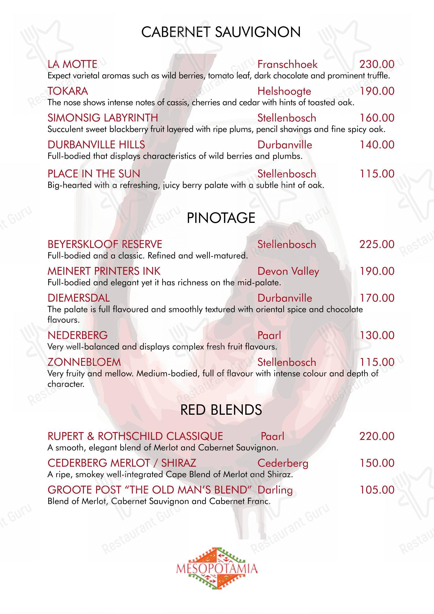 Menu at Mesopotamia Restaurant, Cape Town, 36 Burg St