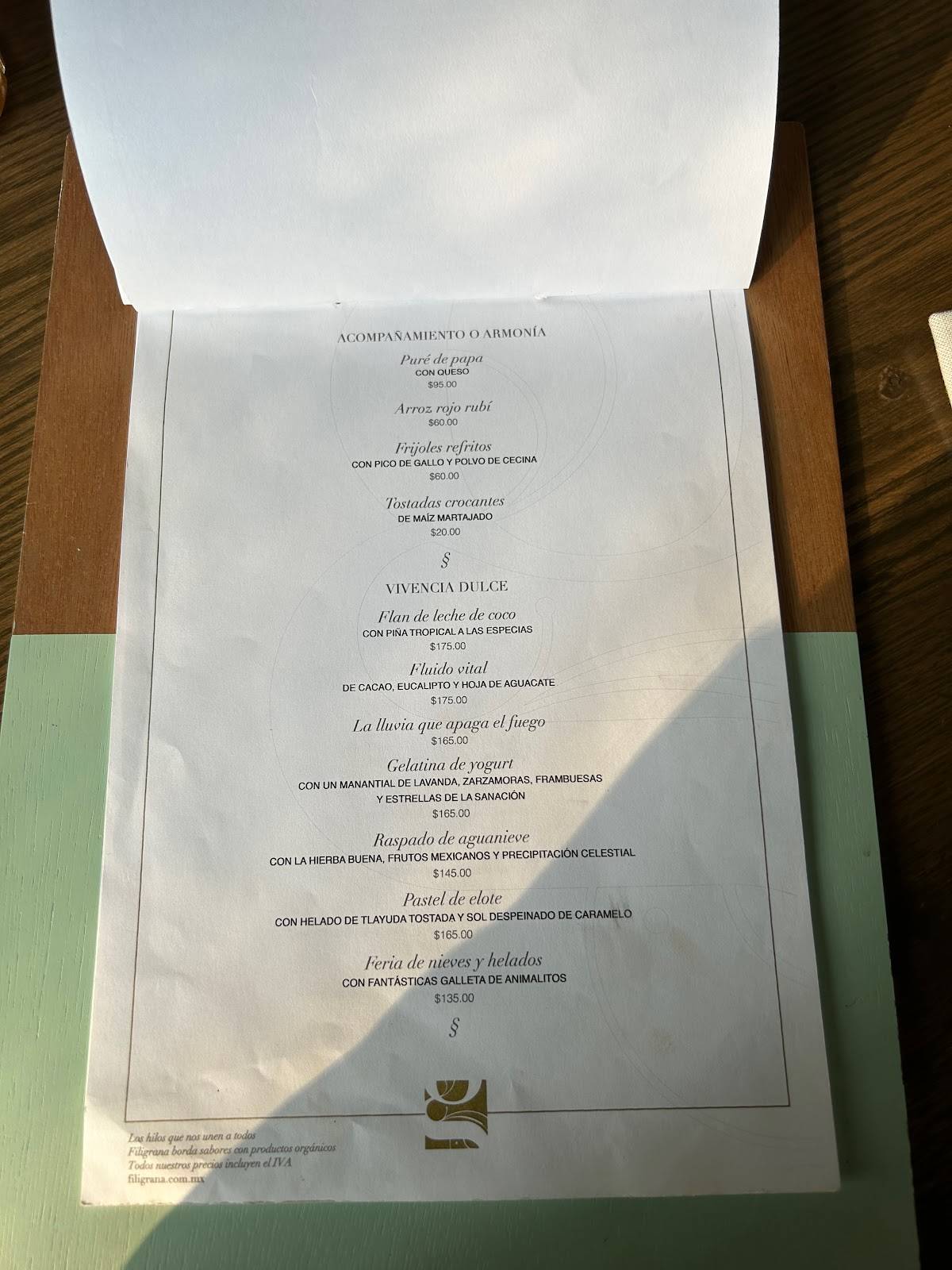 Carta del restaurante Filigrana, Ciudad del México, Av. Veracruz 62