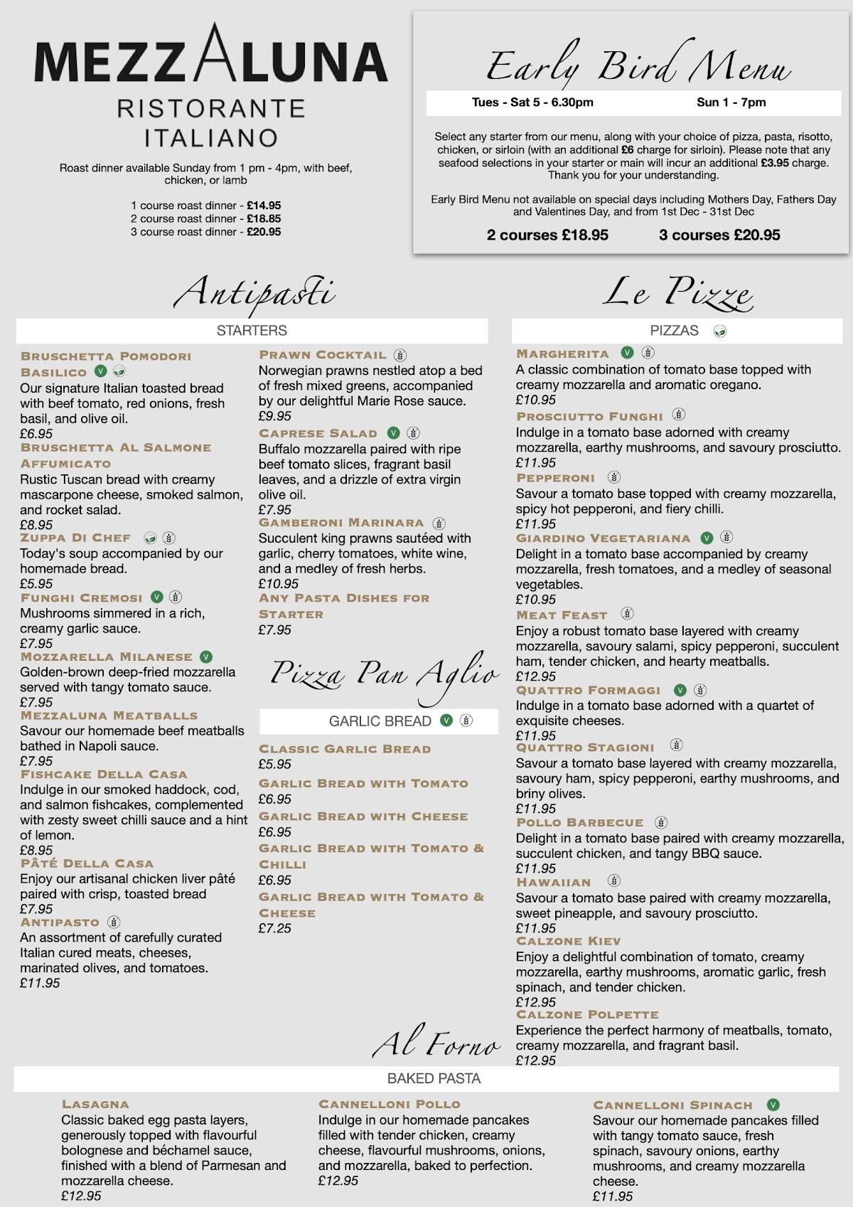 Menu at Mezzaluna Ristorante restaurant, Barnsley