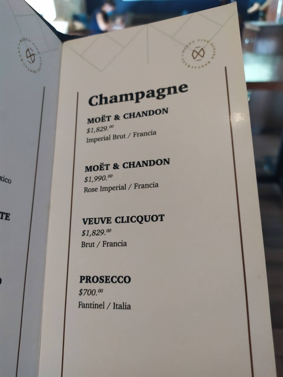 Carta de pizzería Mezzo, Torreón