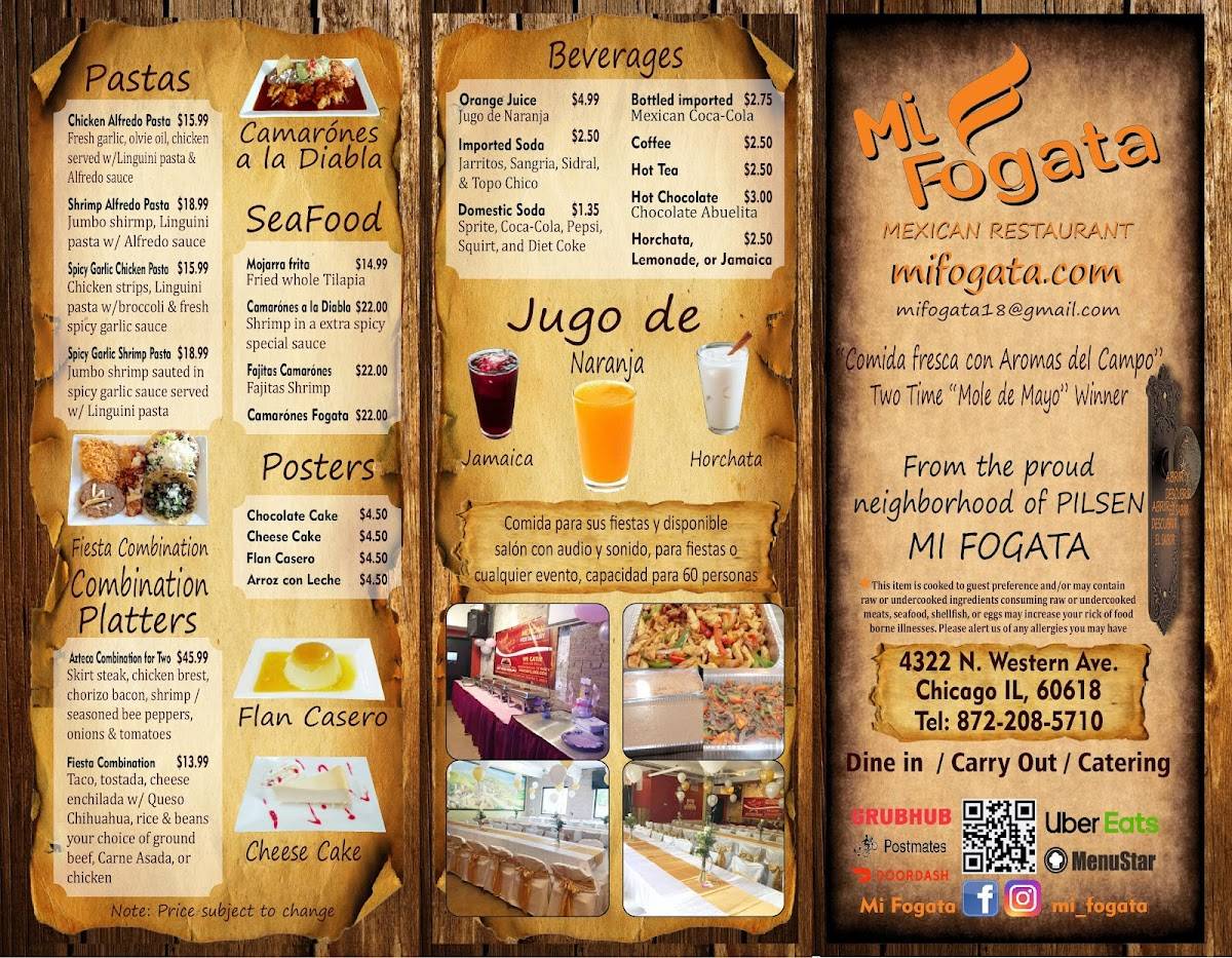 Menu at Mi Fogata restaurant, Chicago, N Western Ave