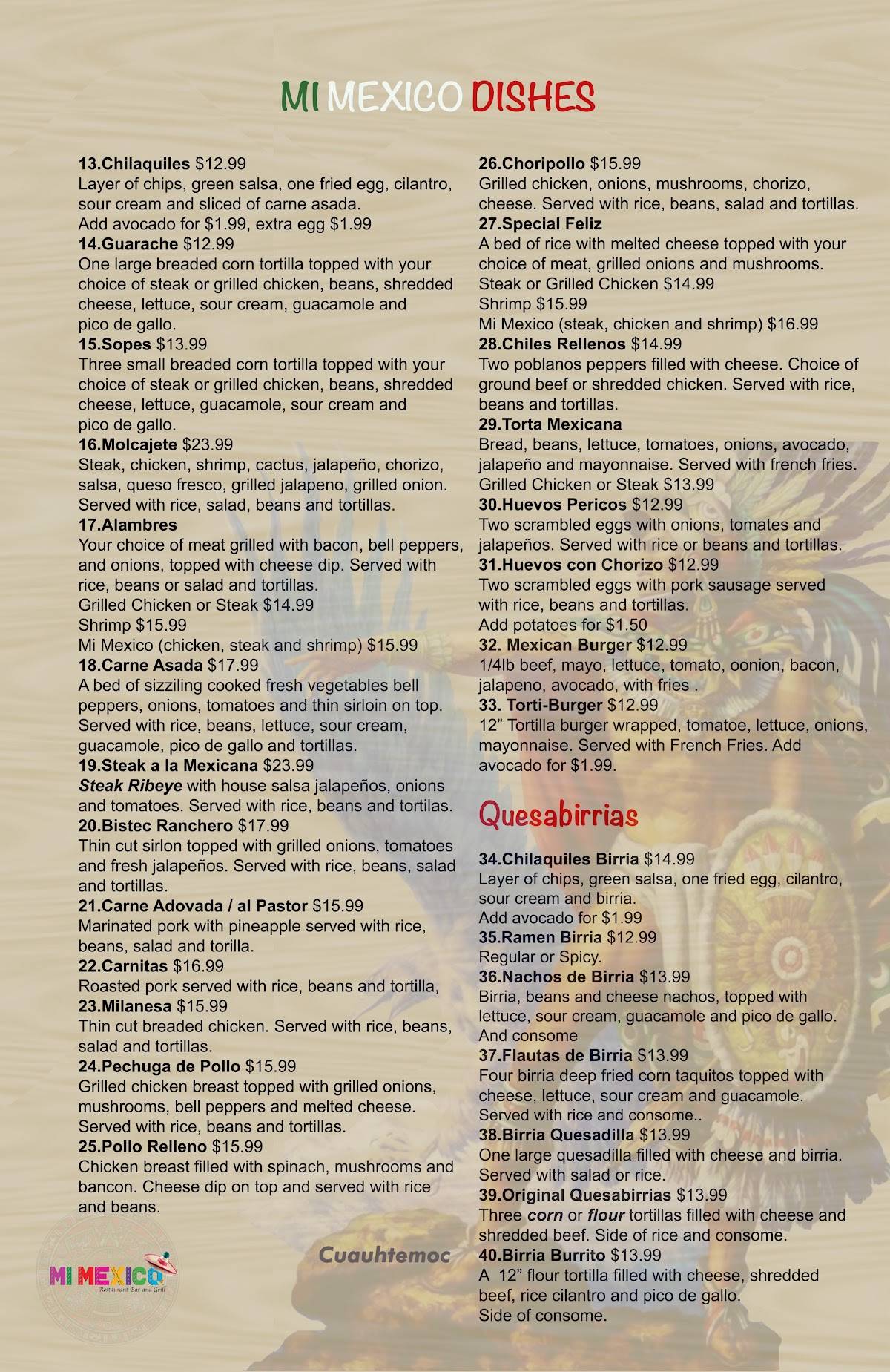 Menu at Mi México Restaurant Bar & Grill, Columbus