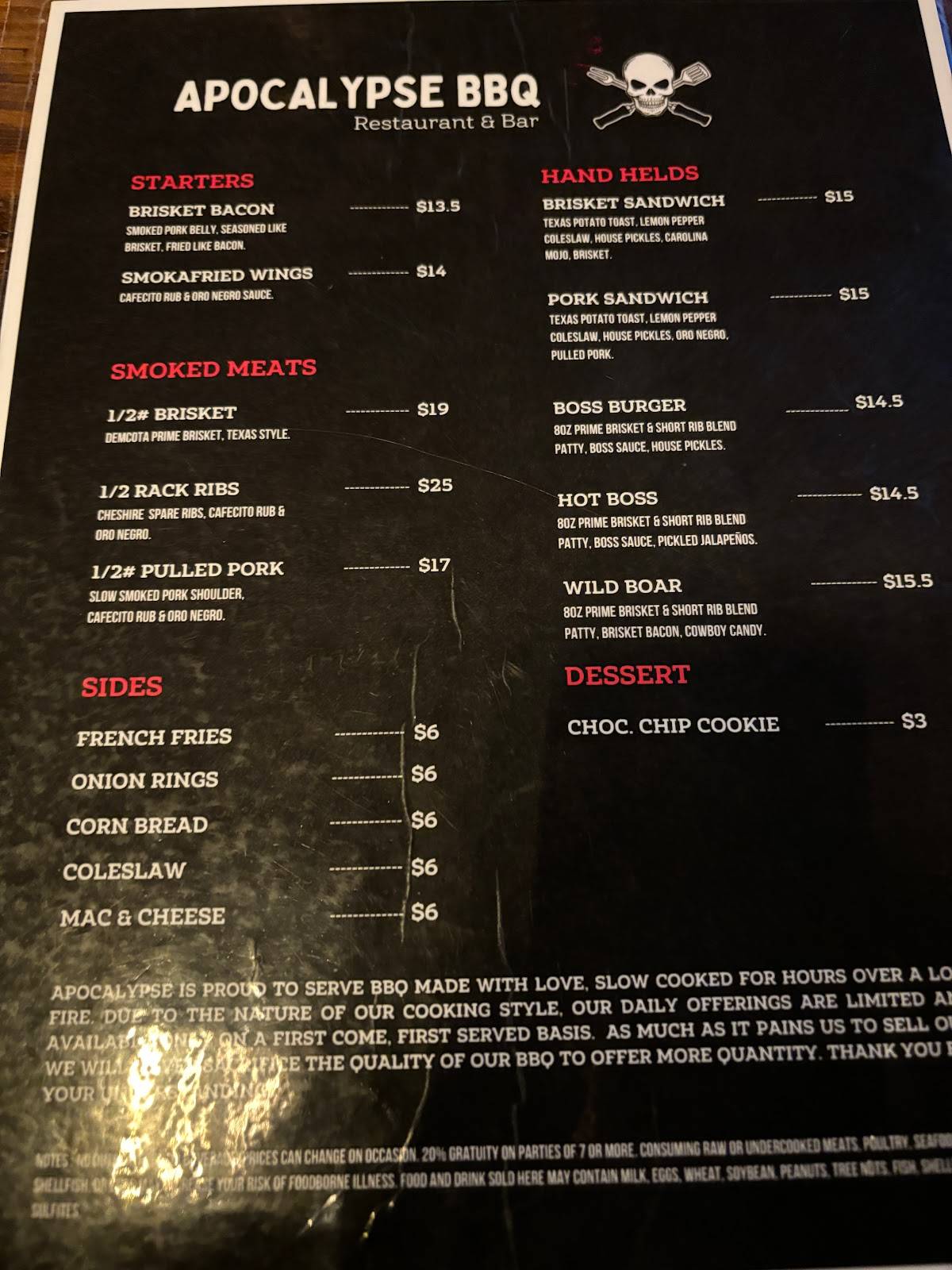 Menu at Apocalypse BBQ, Miami, SW 104th St
