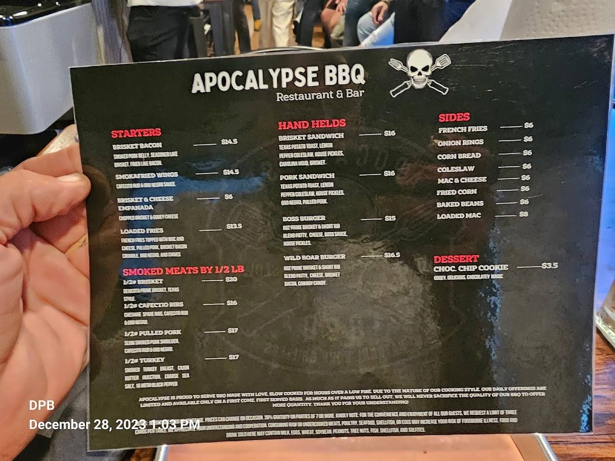 Menu at Apocalypse BBQ, Miami, SW 104th St