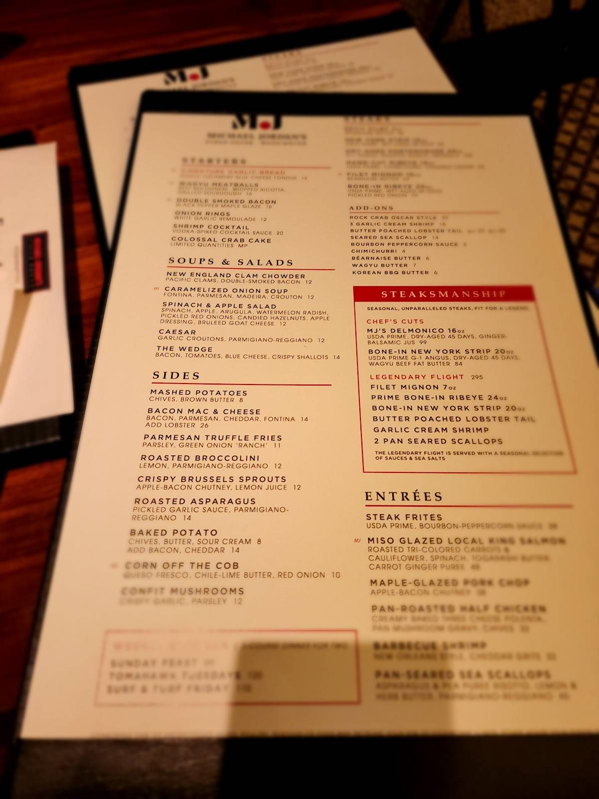 Menu at Michael Jordan’s Steak House restaurant, Ridgefield