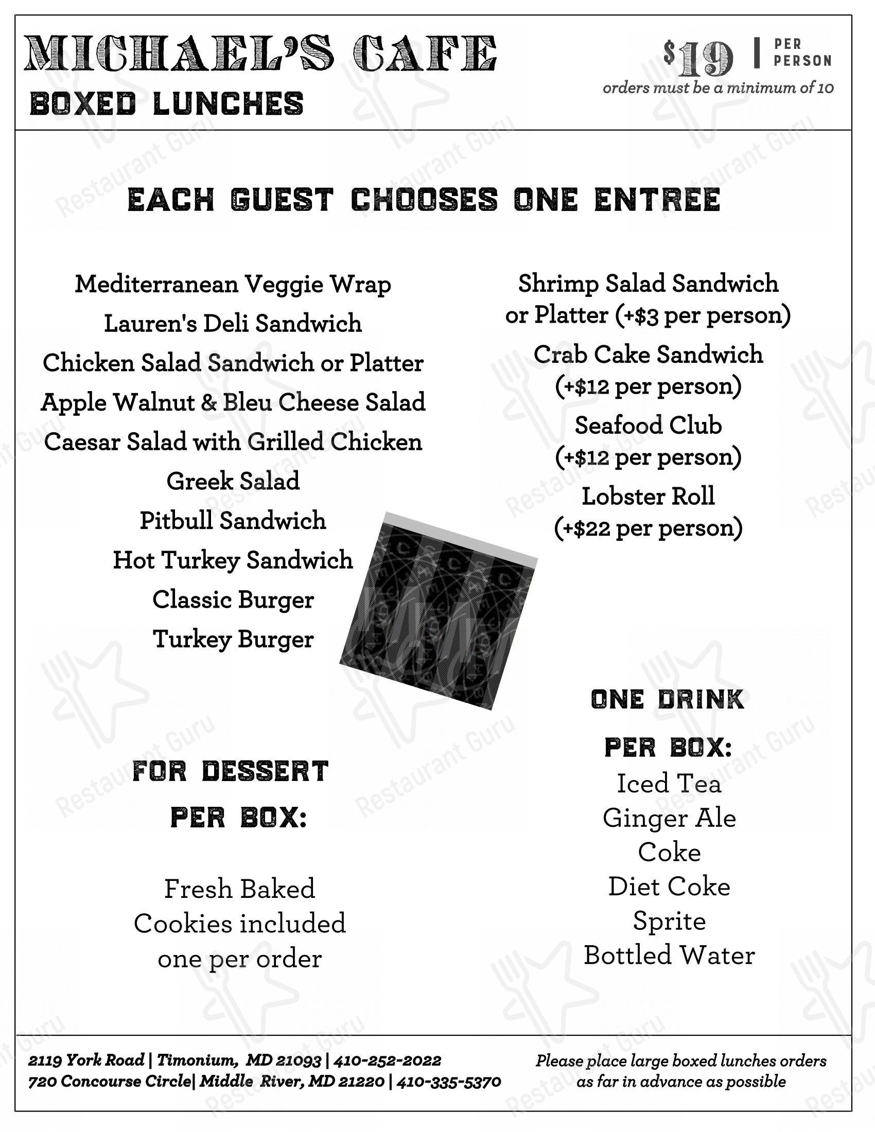 Menu at Michael's Cafe White Marsh-Middle River, Middle River