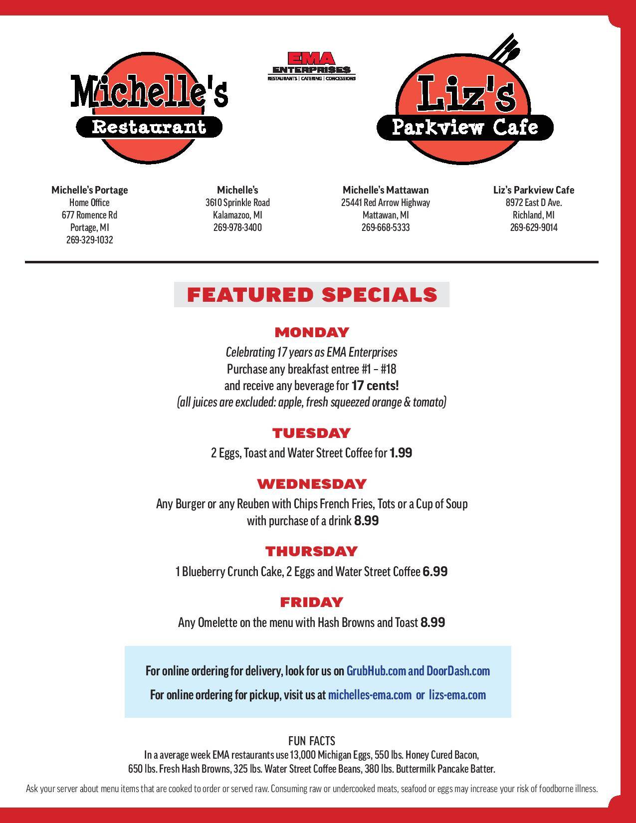 Menu at Michelle’s restaurant, Portage, 677 Romence Rd