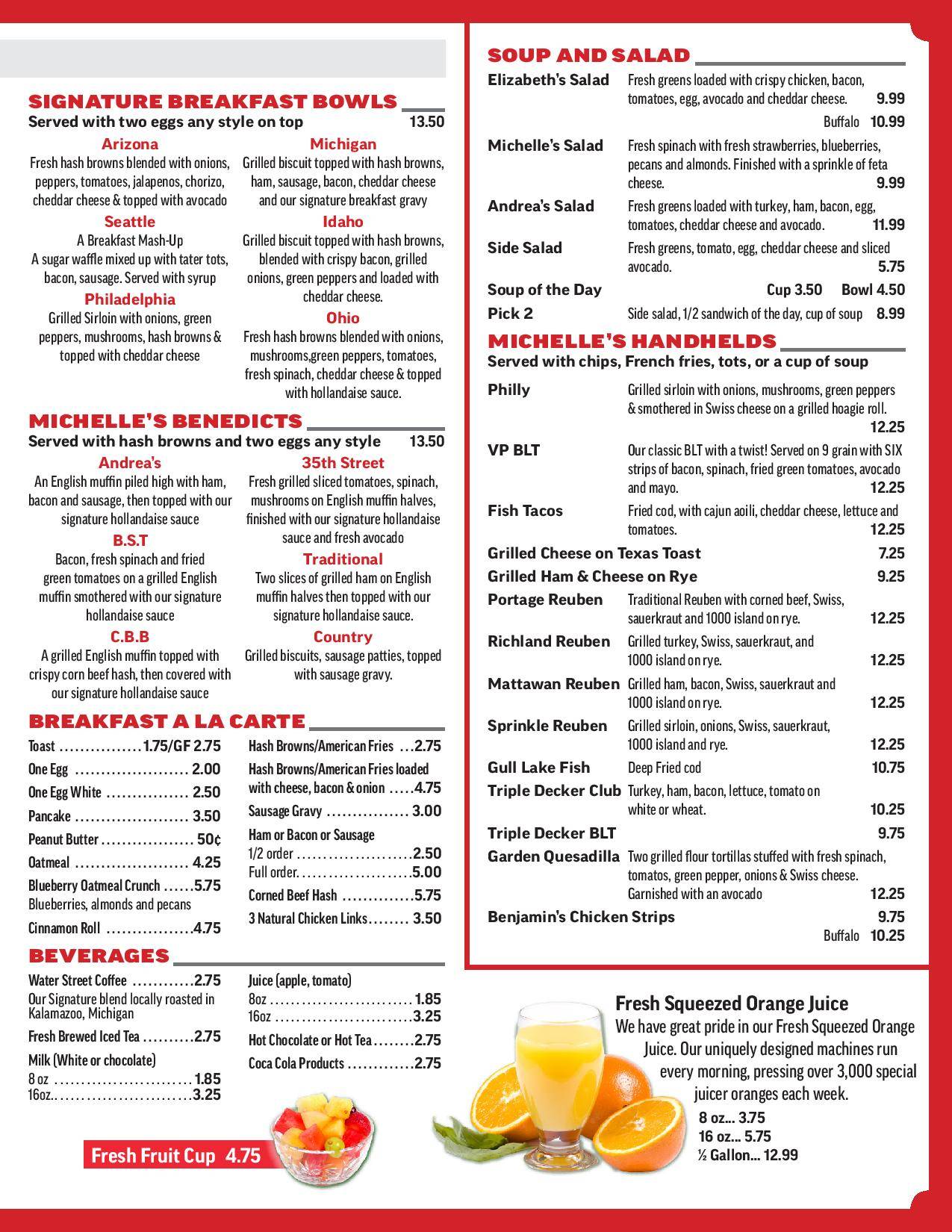 Menu at Michelle’s restaurant, Portage, 677 Romence Rd