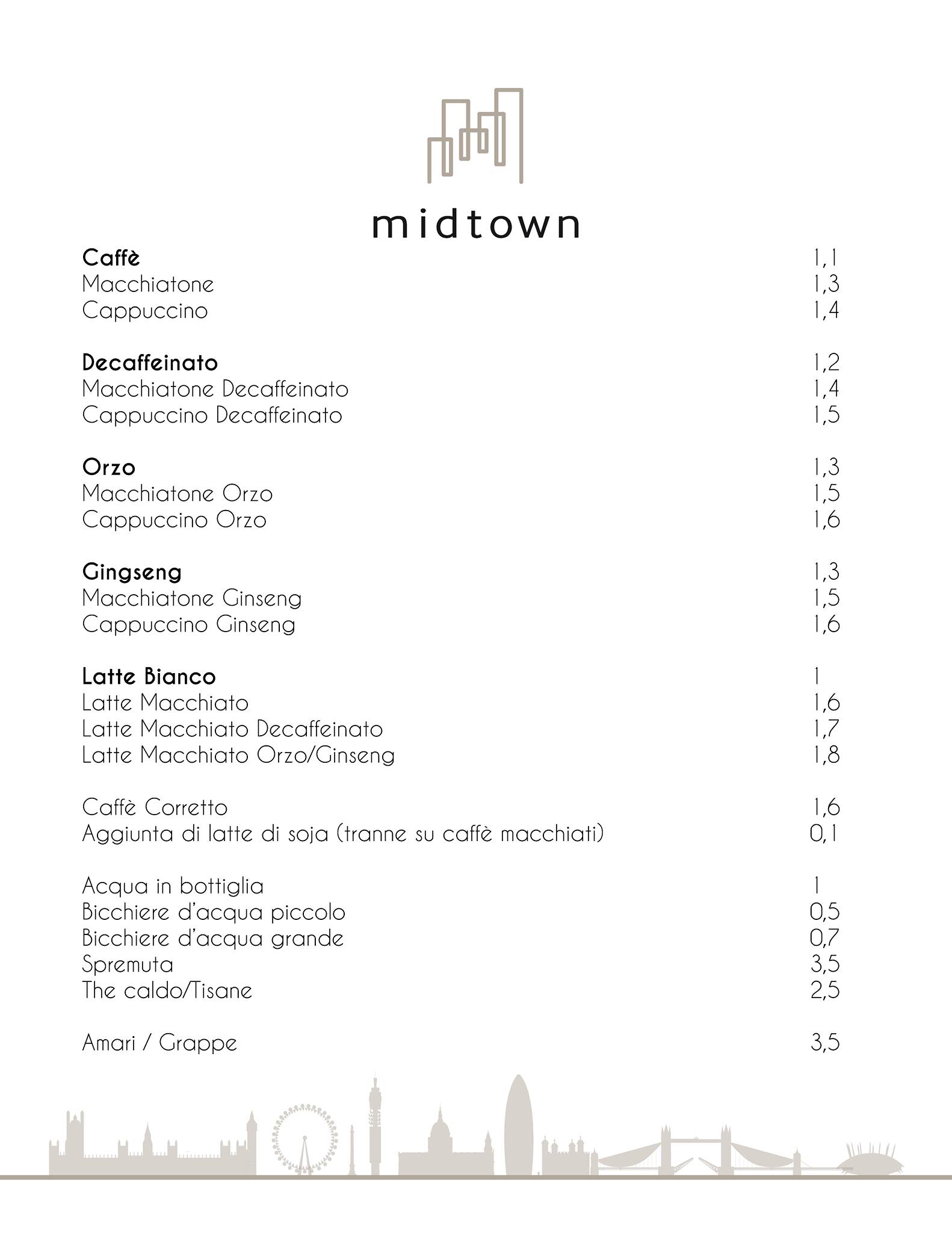 Carta del pub y bar Midtown Drinks & Food, Padua