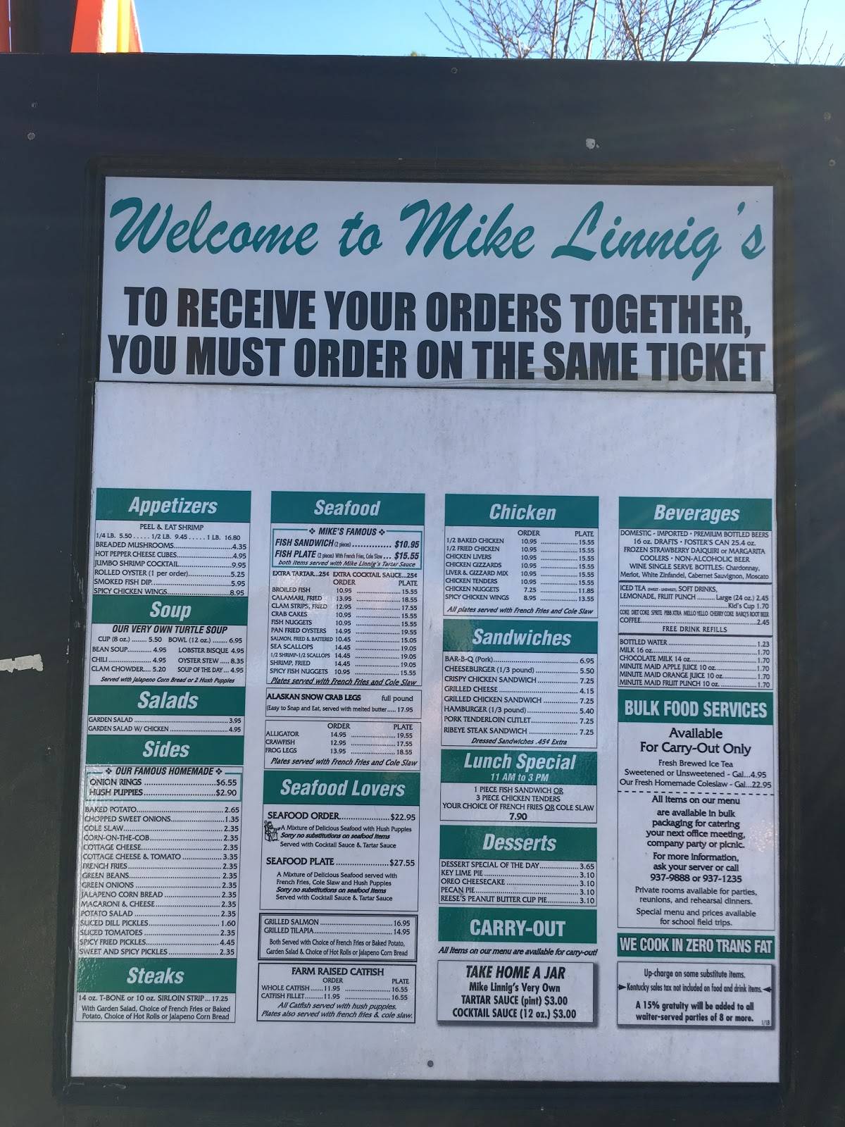 Menu at Mike Linnig's restaurant, Louisville, Cane Run Rd