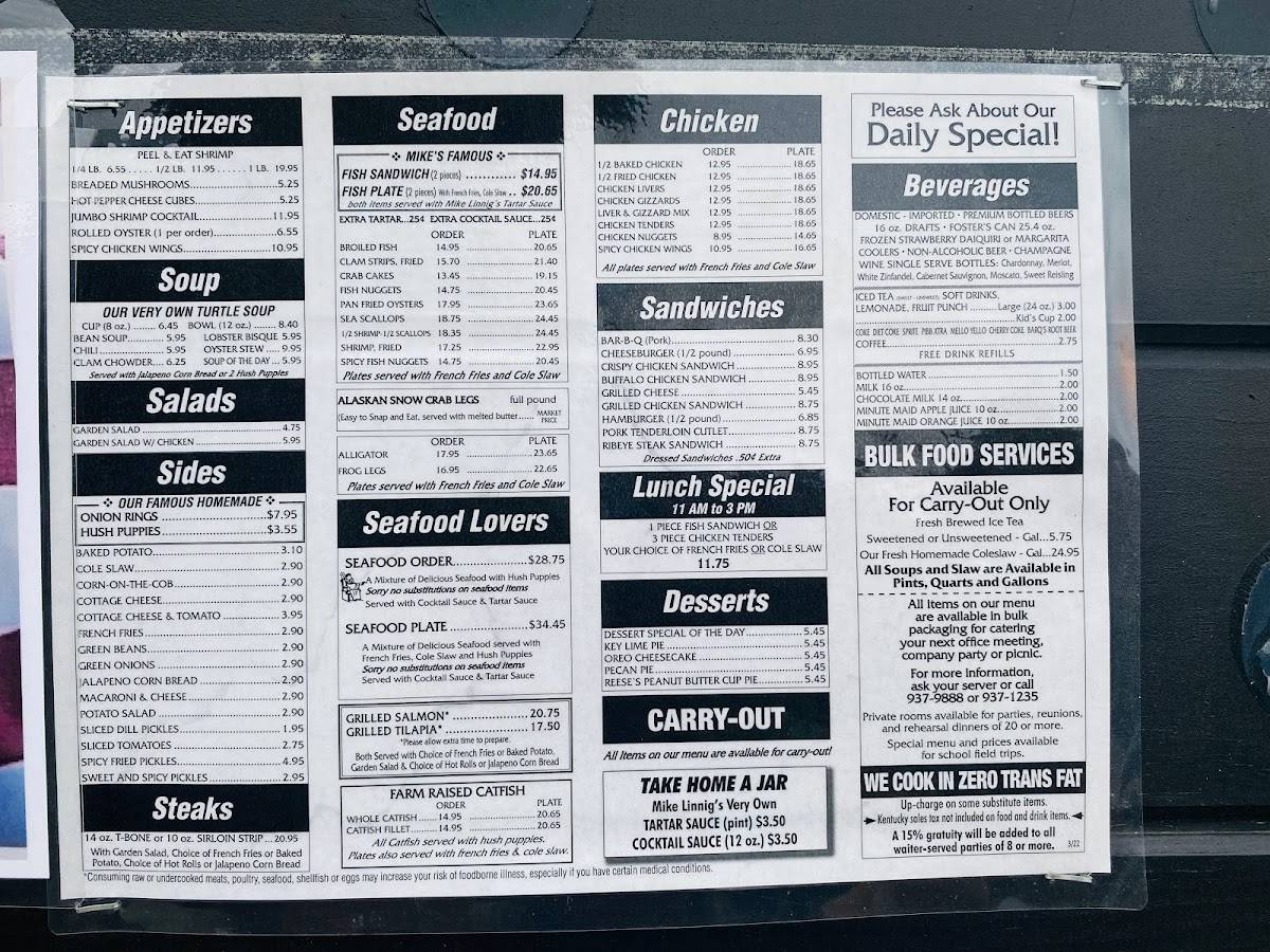 Menu at Mike Linnig's restaurant, Louisville, Cane Run Rd