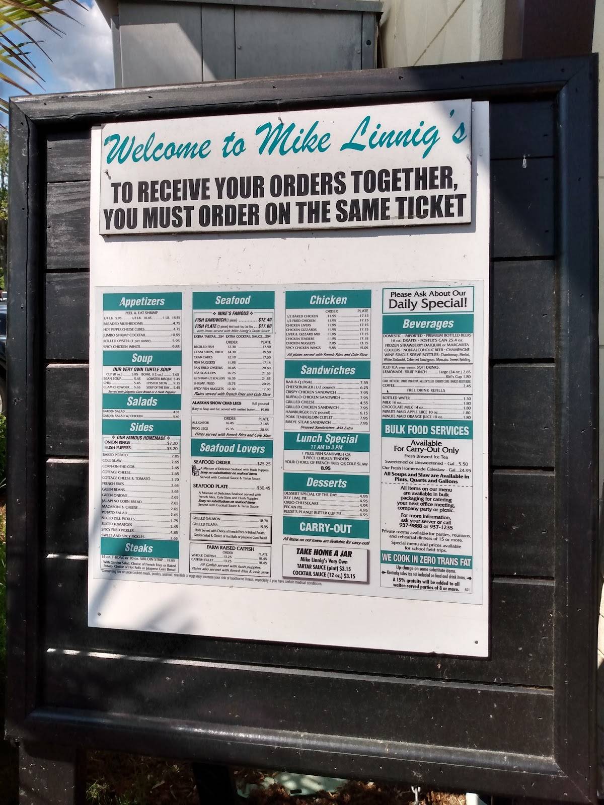 Menu at Mike Linnig's restaurant, Louisville, Cane Run Rd