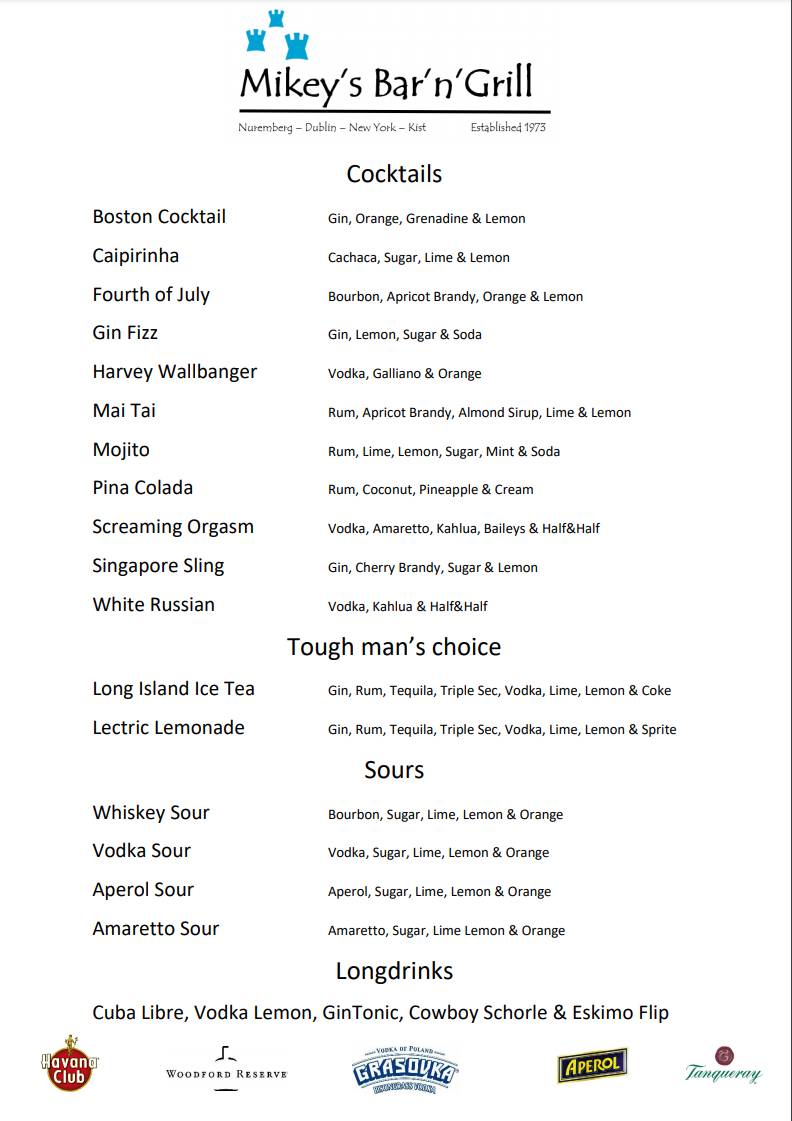 Menu at Mikey's Bar'n'Grill, Kist