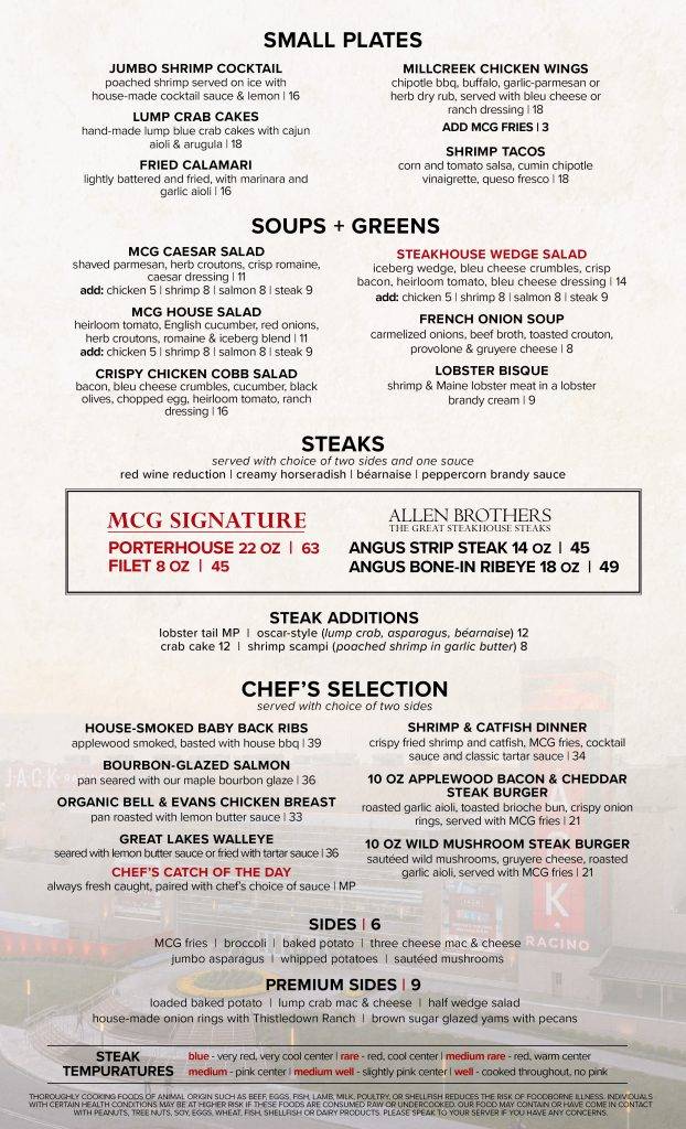 Menu at Millcreek Grille at Thistledown Racino pub & bar, North Randall