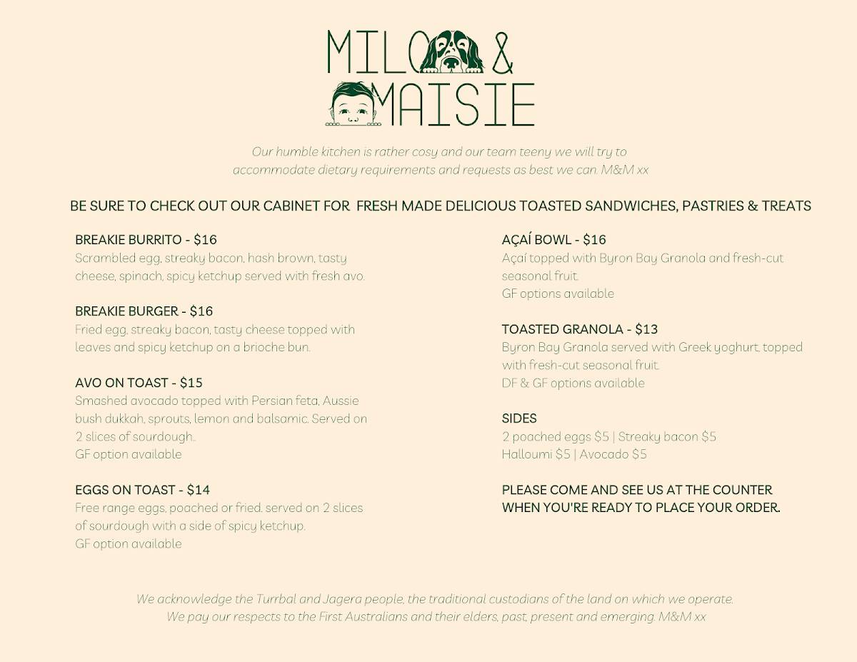 Menu at Milo & Maisie Coffee Co. cafe, Paddington