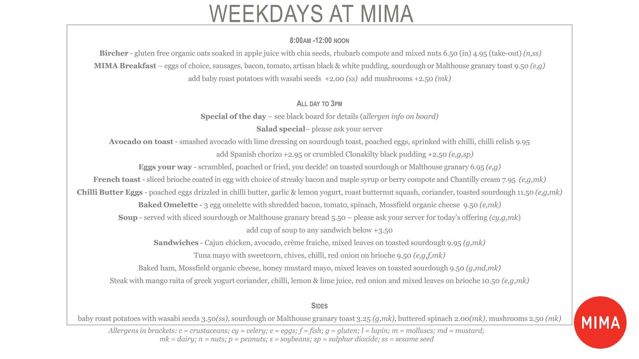Menu at Mima Coffee Company cafe, Dublin