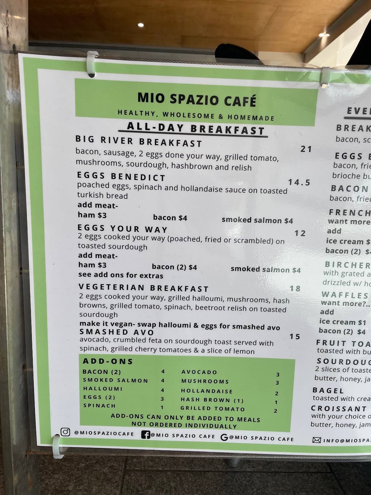 Menu at Mio Spazio Cafe, Maroochydore