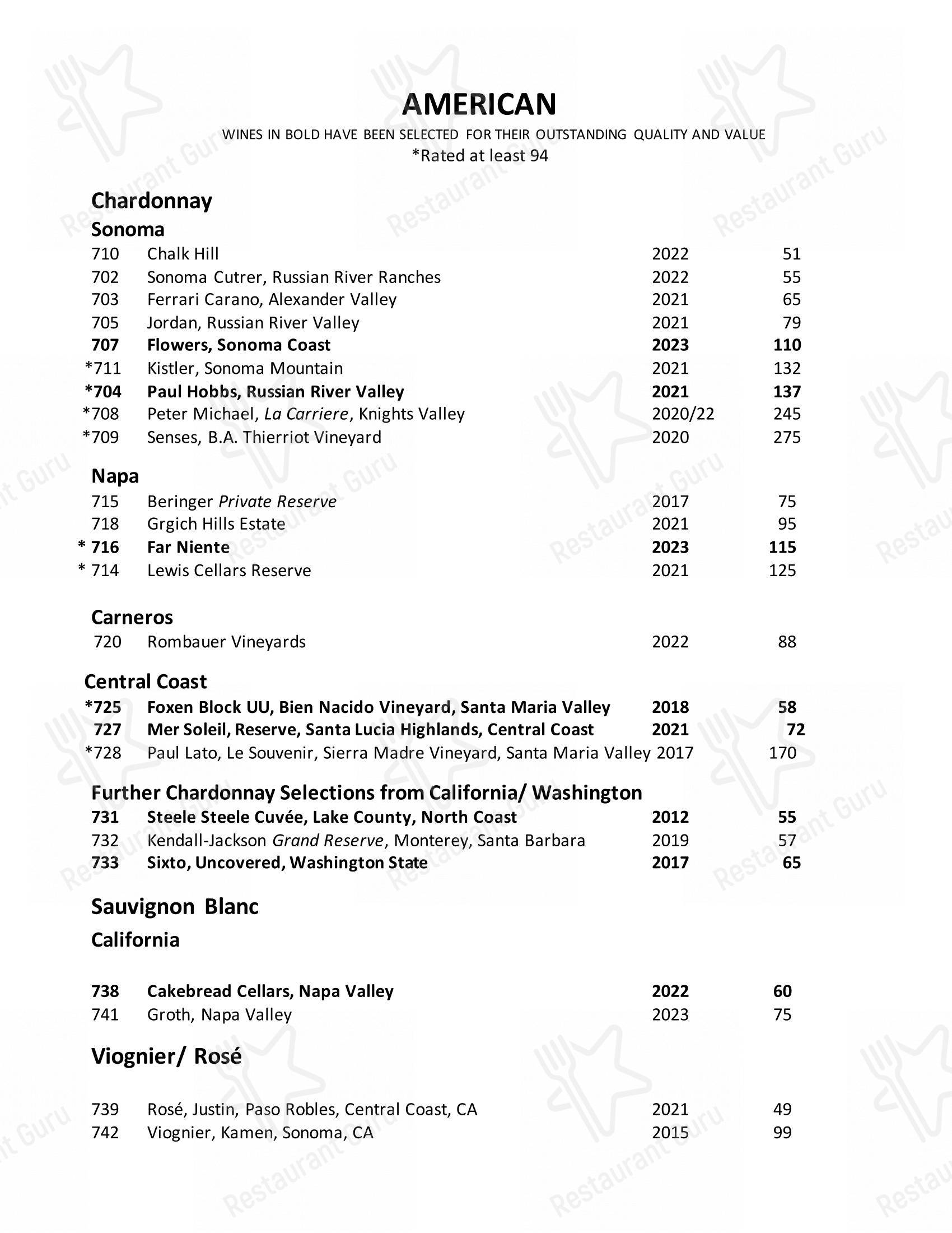 Menu at Mirabelle Restaurant, Avon