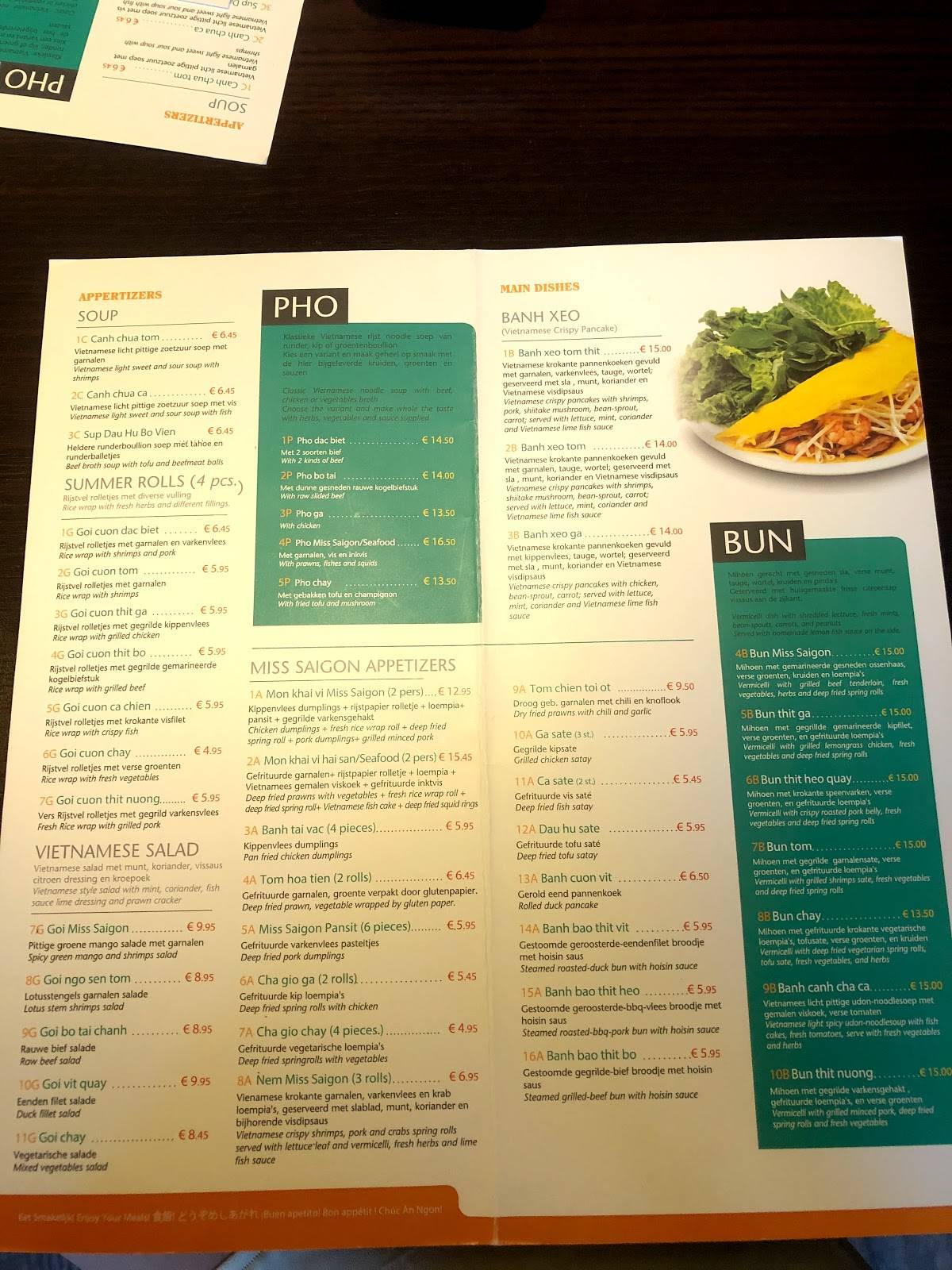 Menu at Miss Saigon, Amsterdam