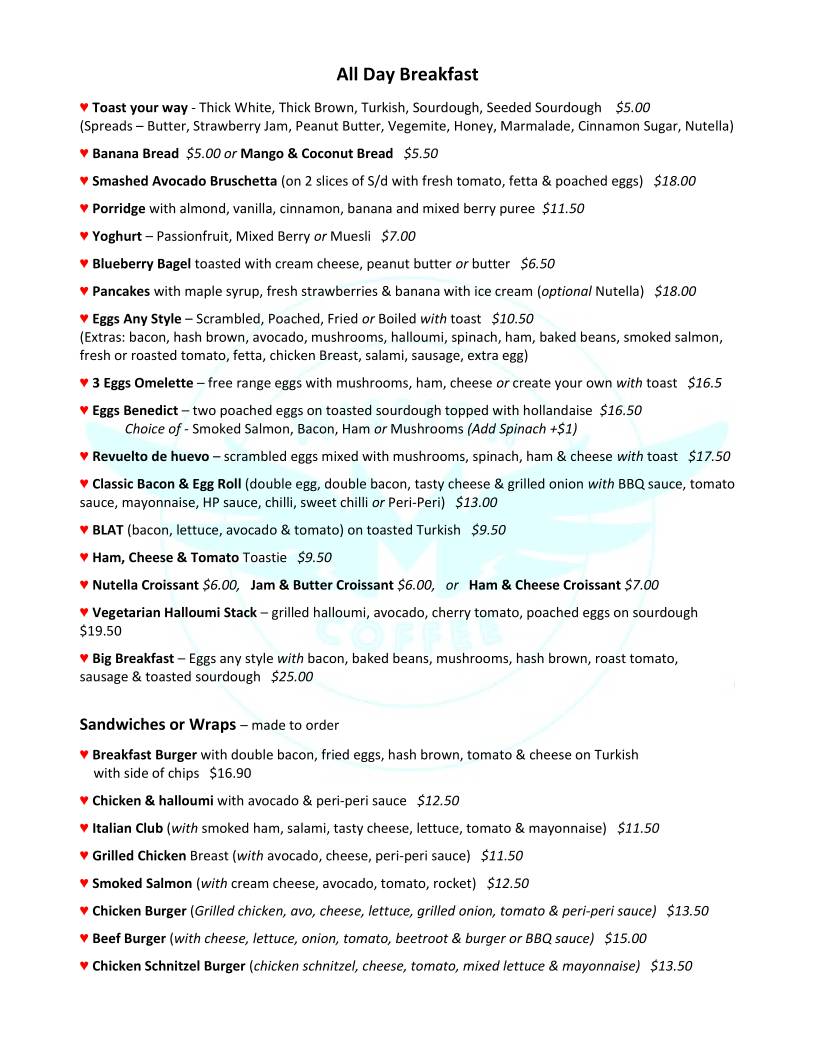 Menu at Mission Cafe, Sydney, 64 York St