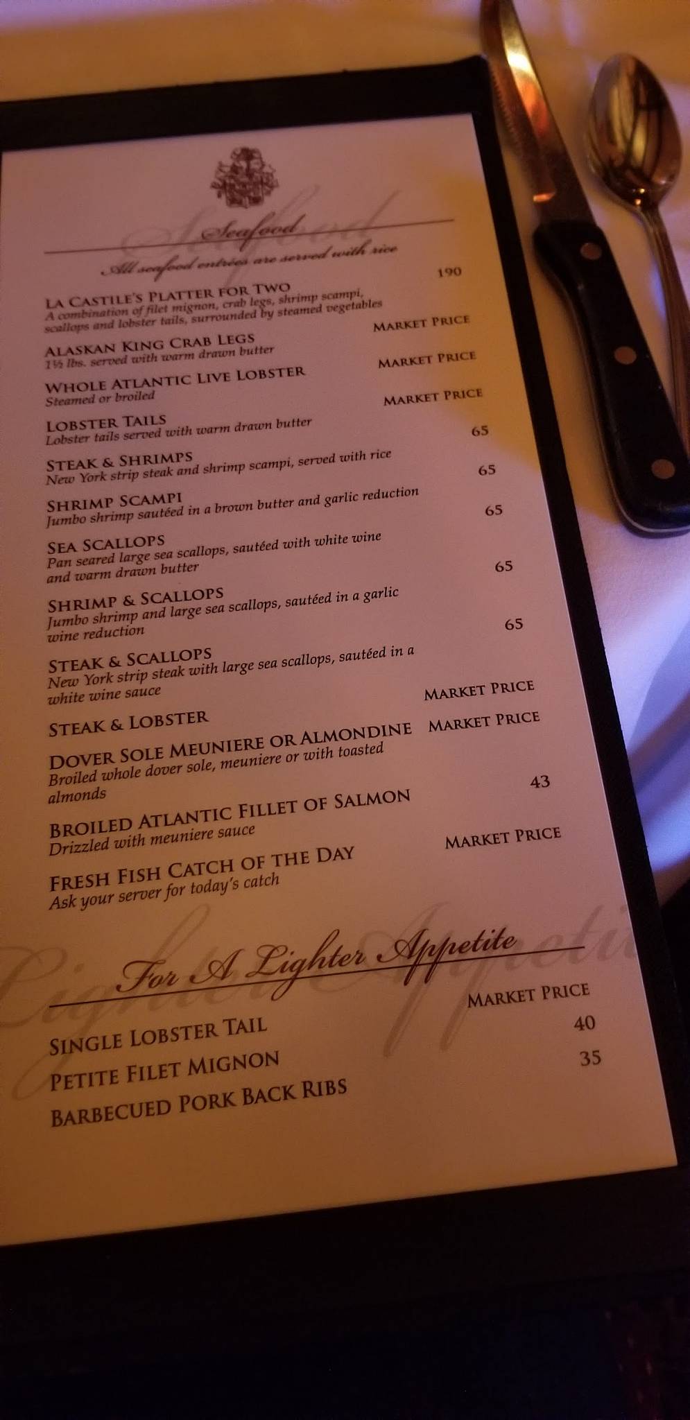 Menu at La Castile steakhouse, Mississauga