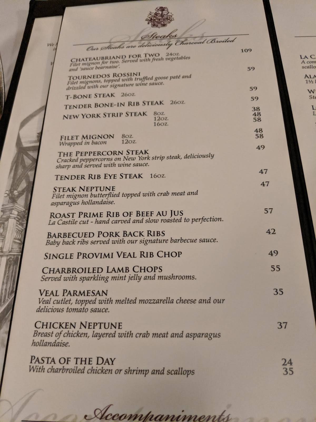 Menu at La Castile steakhouse, Mississauga
