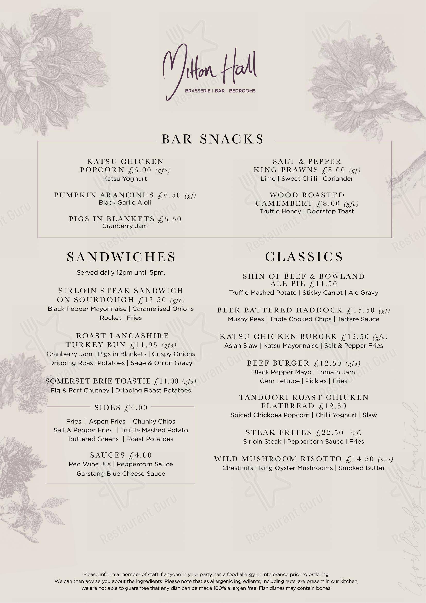 Menu at Mitton Hall Hotel pub & bar, Clitheroe