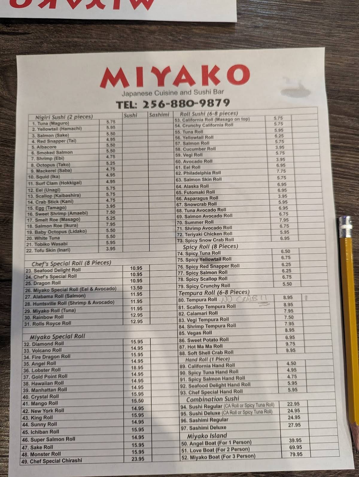 Menu at Miyako Japanese Restaurant, Huntsville