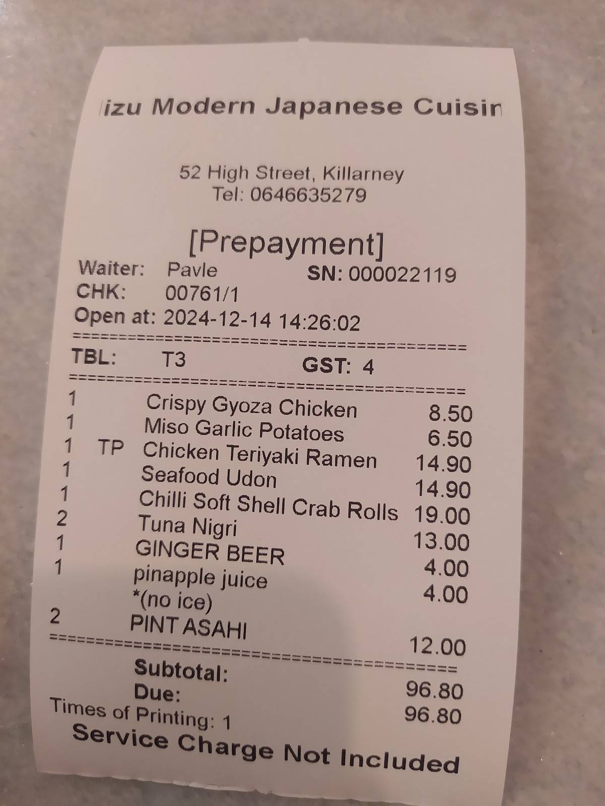 Menu at Mizu Modern Japanese Cuisine restaurant, Killarney