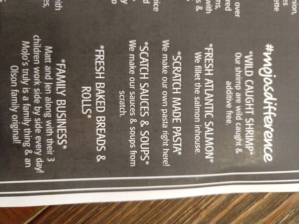 Menu at MoJo's Pasta House & Cajun Cook Shack restaurant, Marshfield