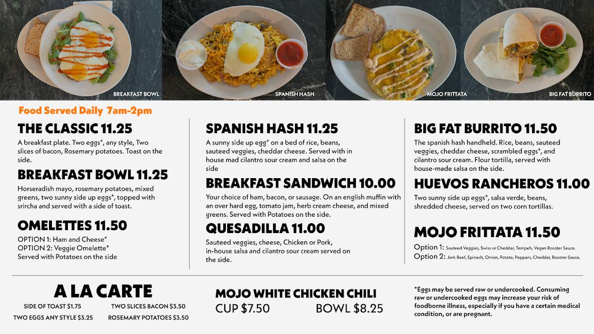 Carta del café Mojo Coffee Gallery, Minneapolis
