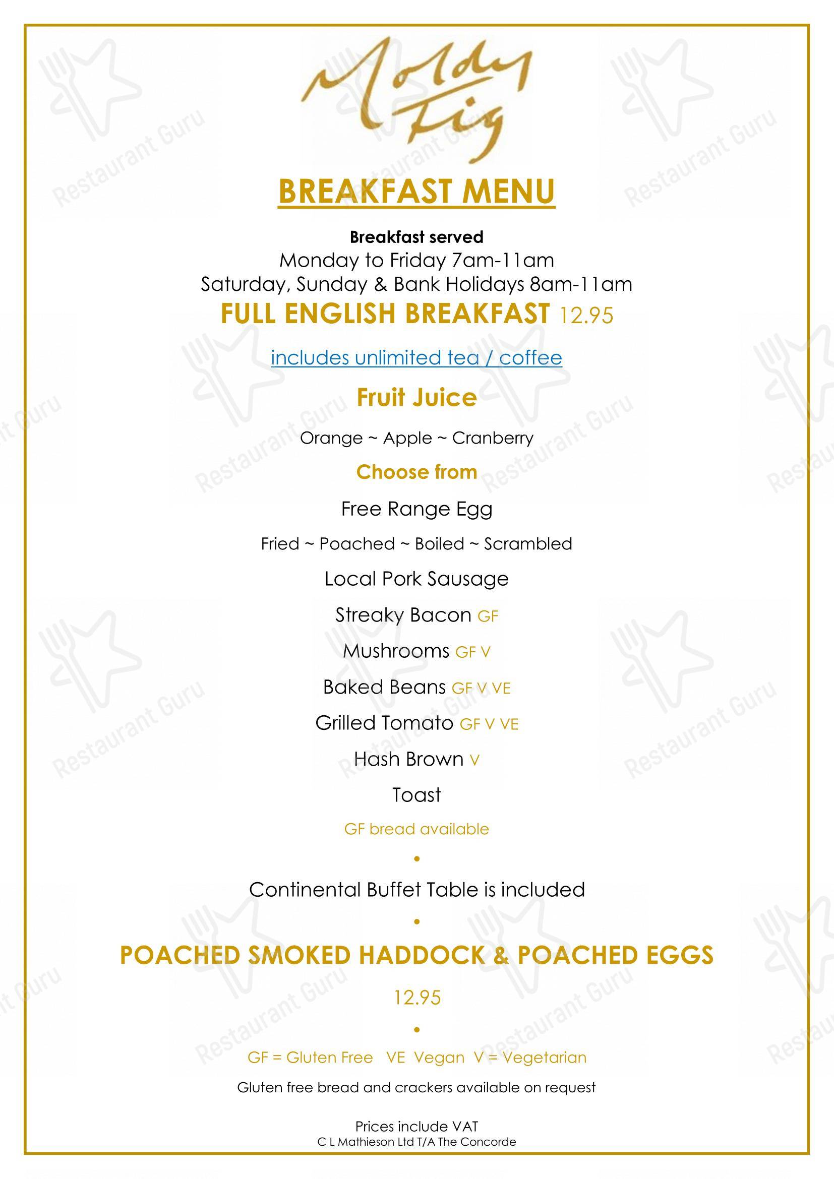 Menu at Moldy Fig at the Concorde restaurant, Eastleigh