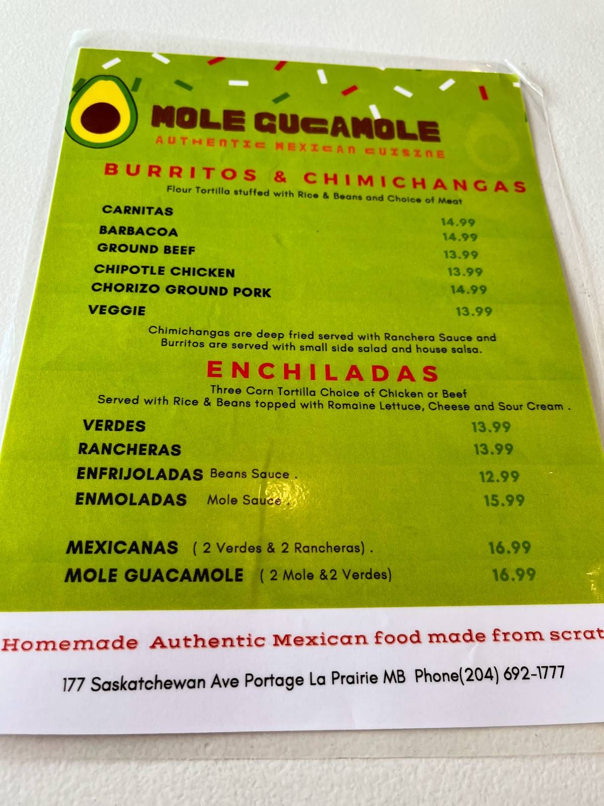 Menu at Mole Guacamole restaurant, Portage la Prairie
