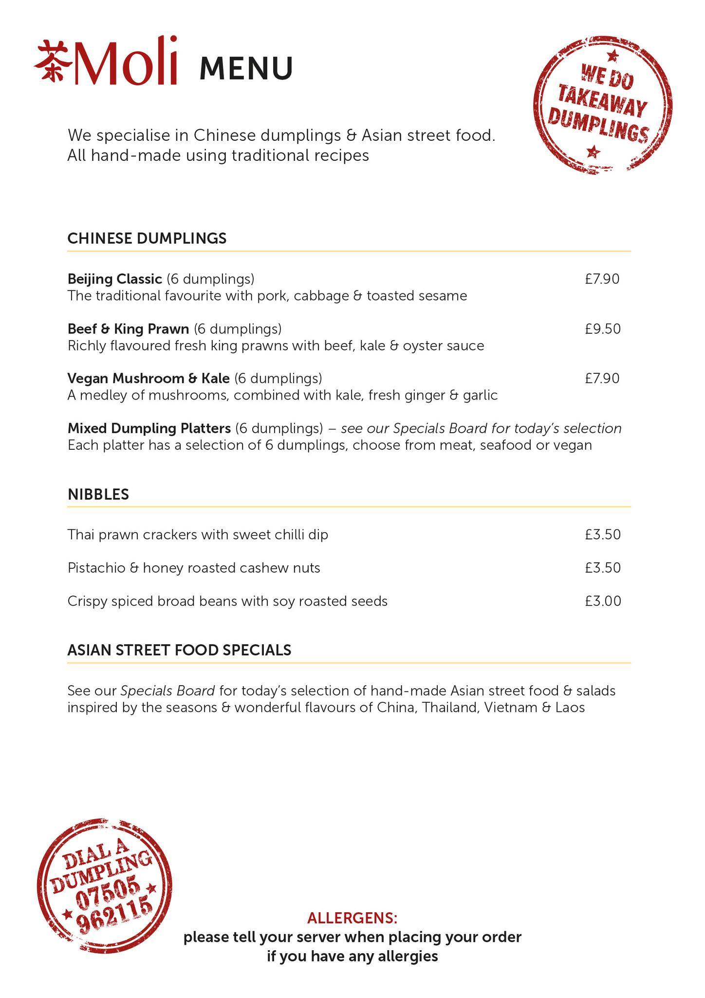 Menu at Moli Tea House restaurant, Shrewsbury