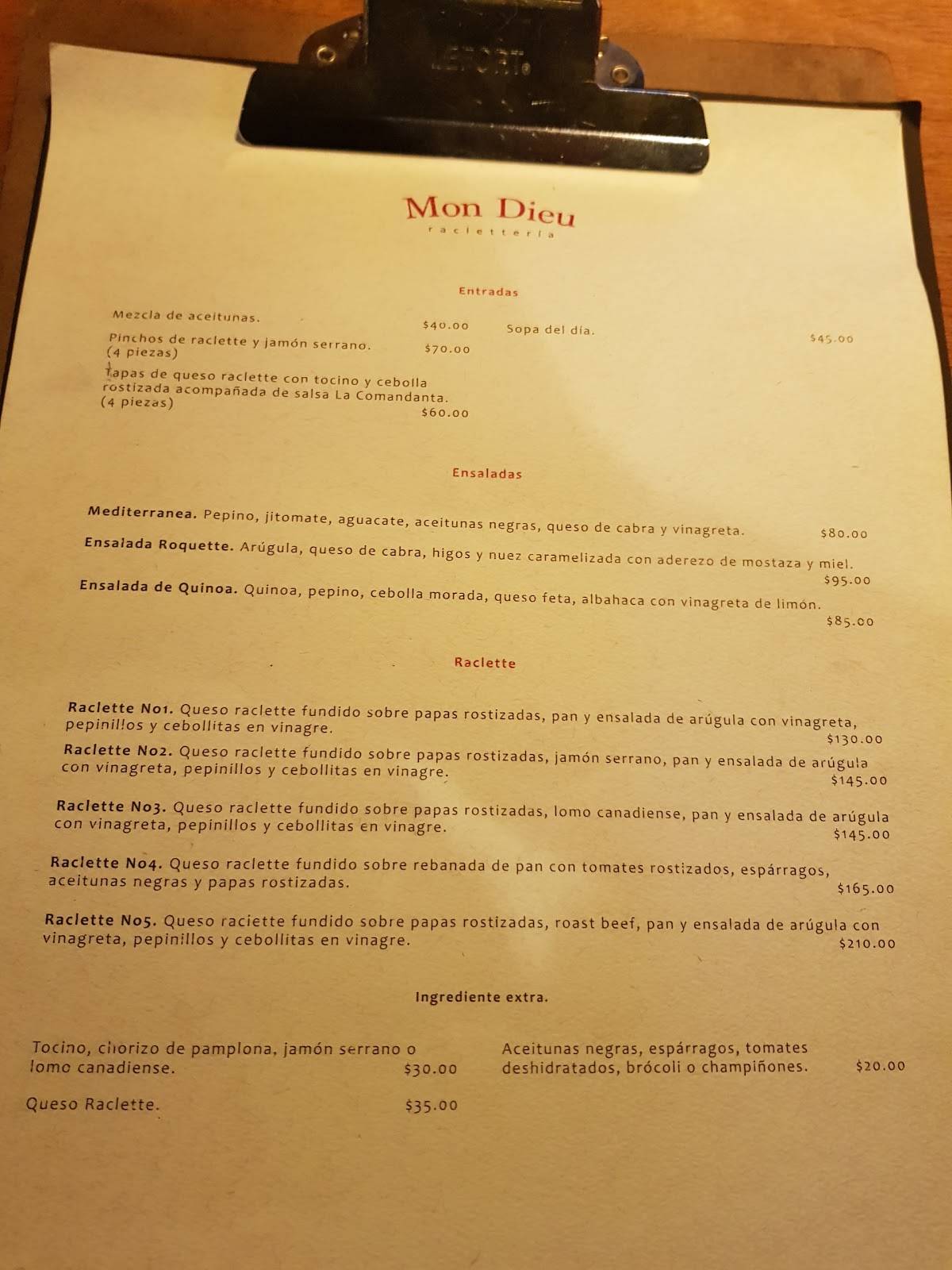 Menu at Mon Dieu restaurant, Ciudad López Mateos