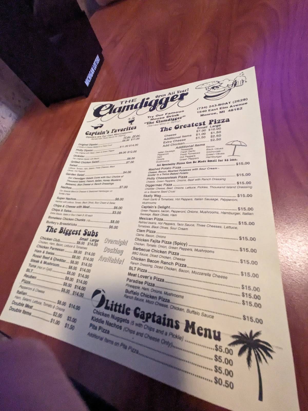 Menu at The Clamdigger pizzeria, Monroe
