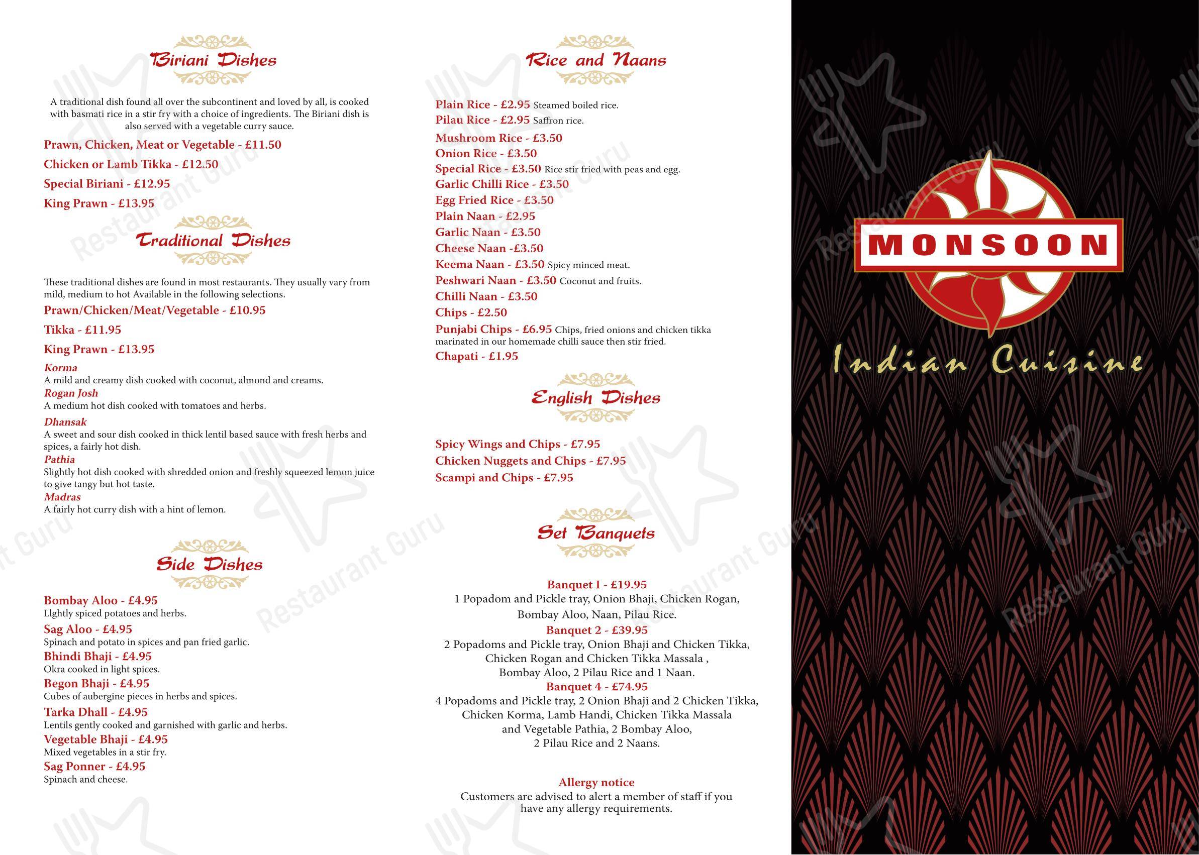 Menu at Monsoon Indian Cuisine restaurant, Filey