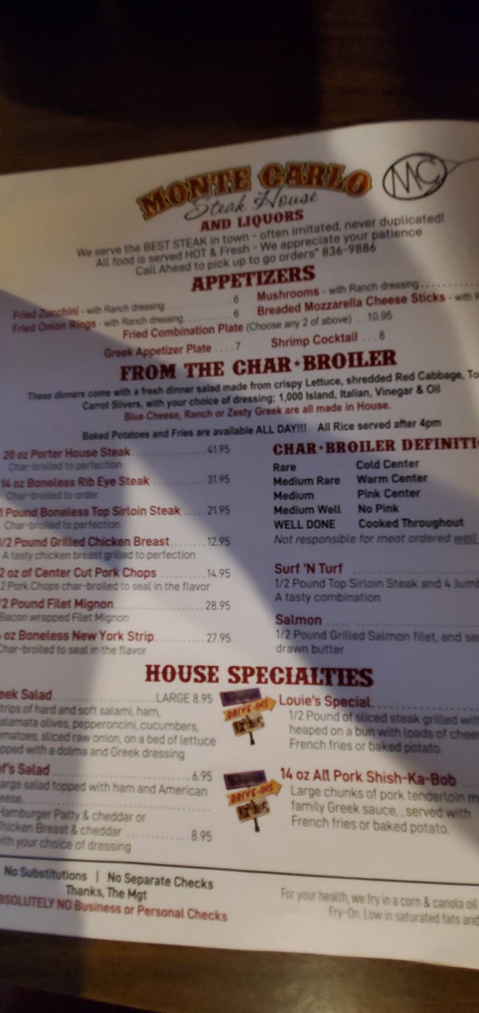 Menu at Monte Carlo Liquors & Steak House steakhouse, Albuquerque