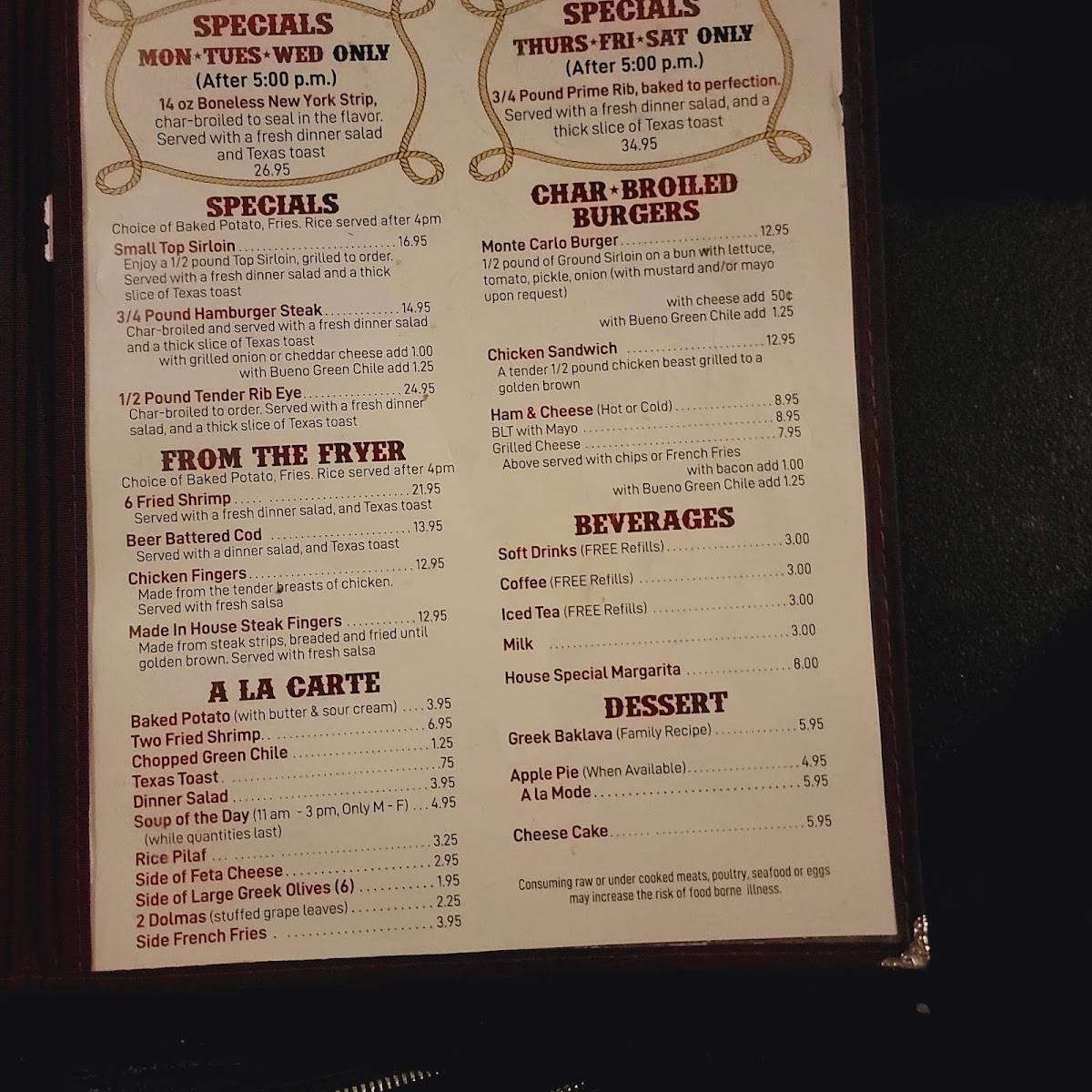 Menu at Monte Carlo Liquors & Steak House steakhouse, Albuquerque
