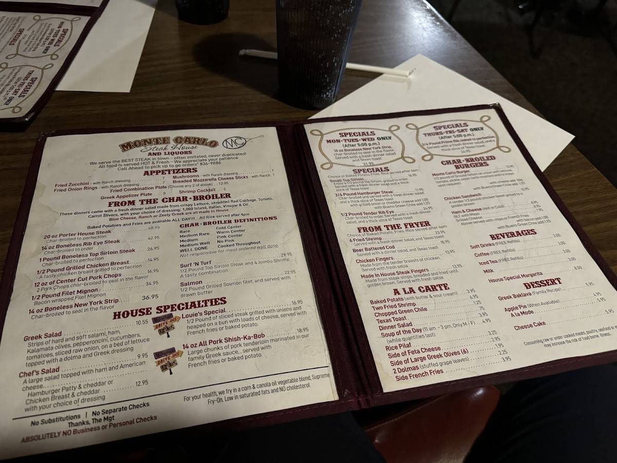 Menu at Monte Carlo Liquors & Steak House steakhouse, Albuquerque