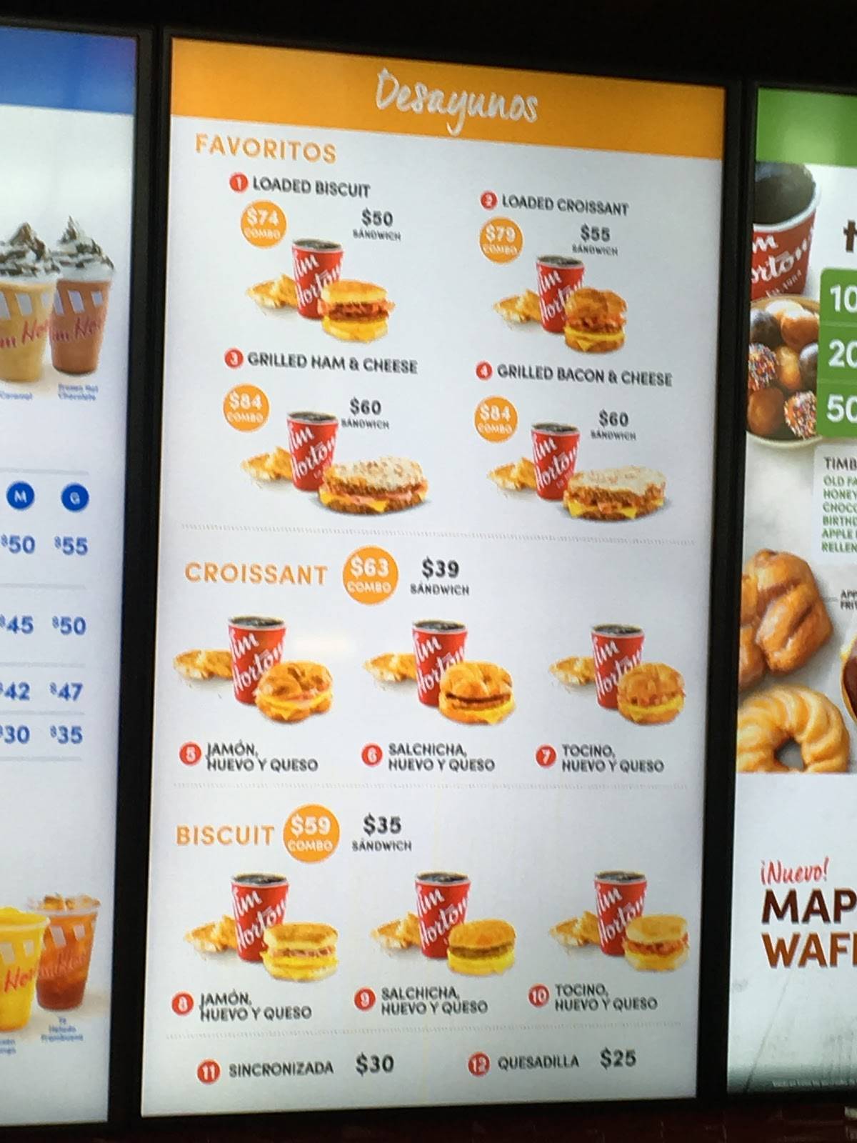 Carta del café Tim Hortons, Monterrey, Av. Eugenio Garza Sada 3933
