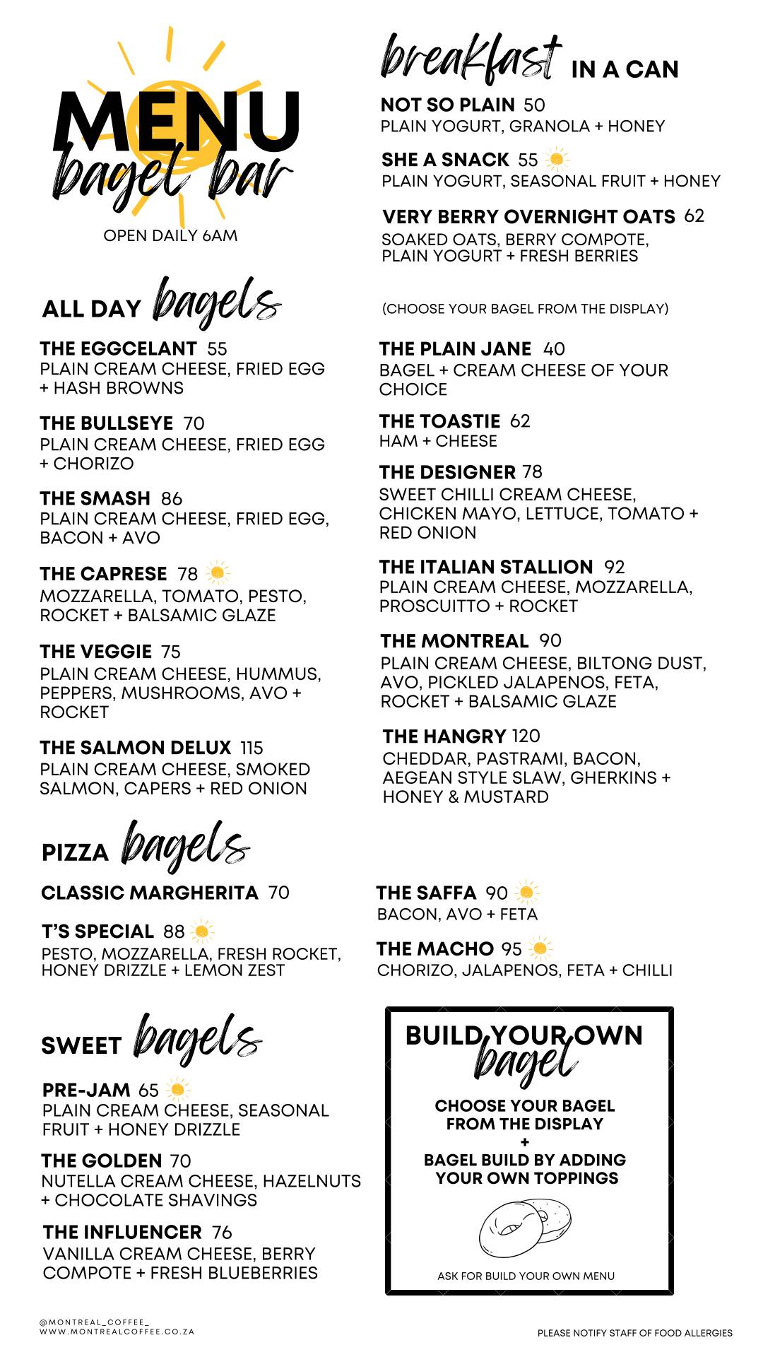 Menu at Montreal Sea Point cafe, Cape Town