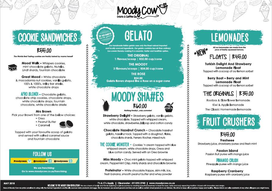 Menu at Moody Cow restaurant, Roodepoort